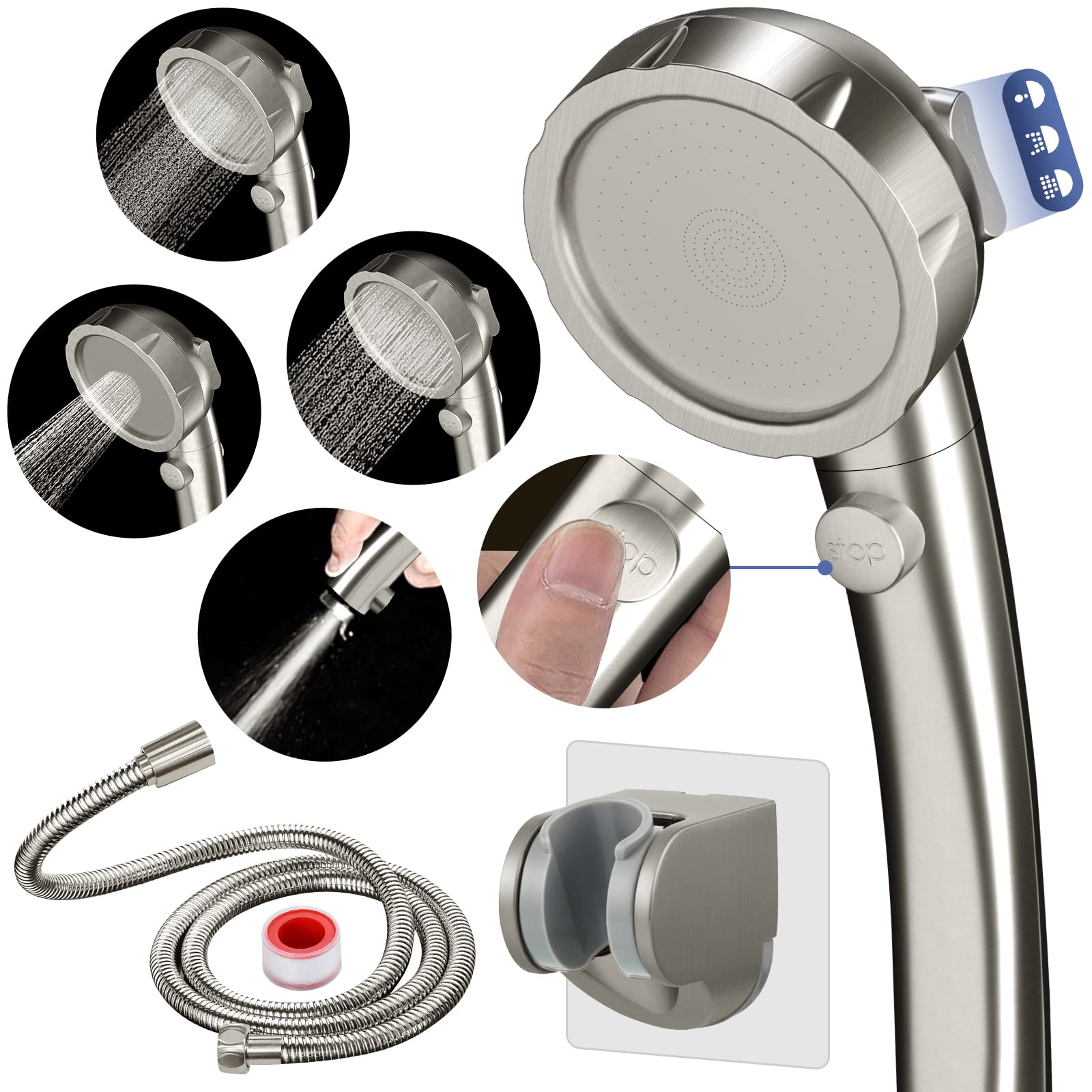 HANLIAN High Pressure Shower Head with Pause Button, 3 Spray Modes ...