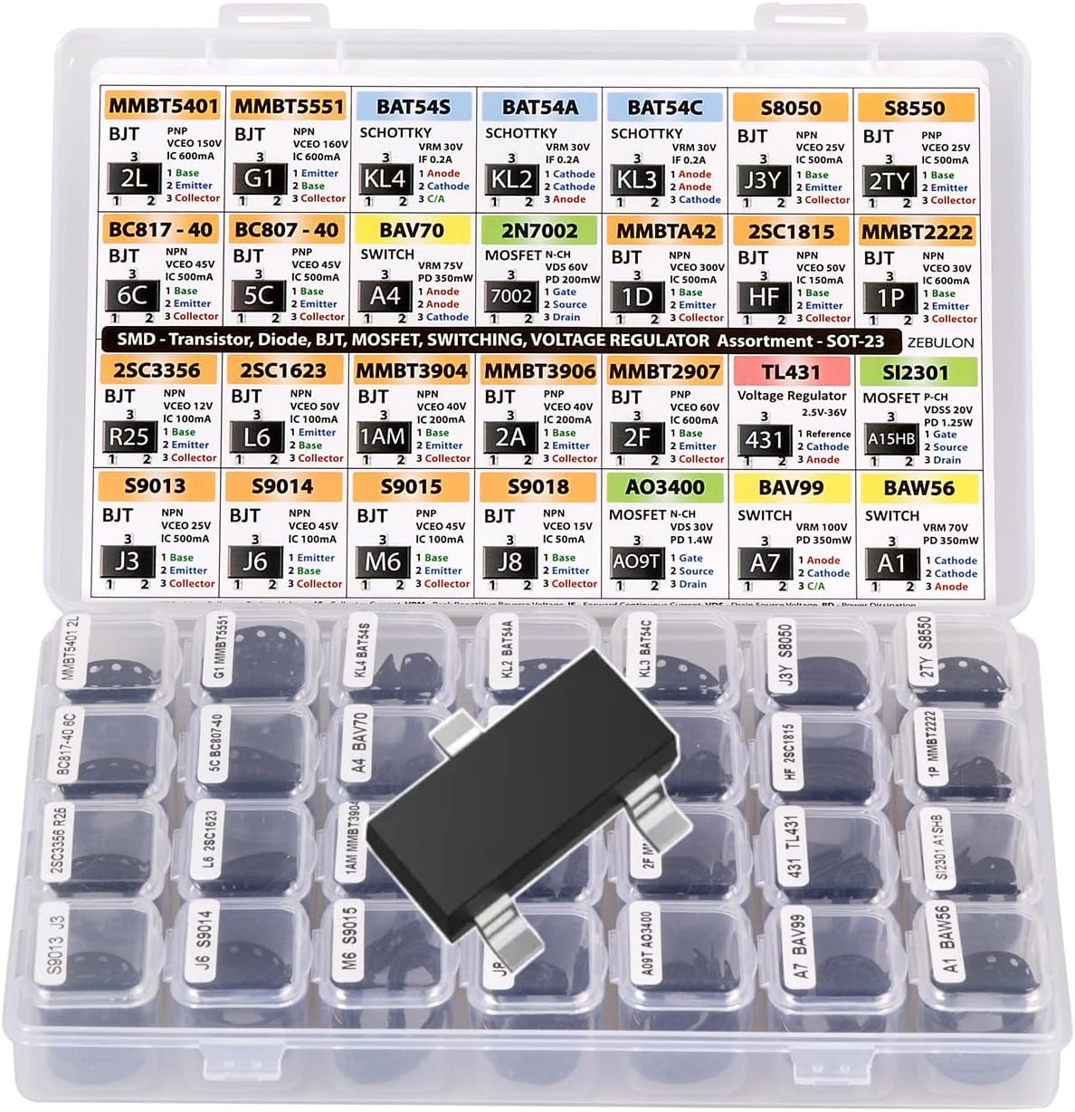 SMD SOT-23 Electronic Components Assortment, Transistors, BJT, MOSFET ...