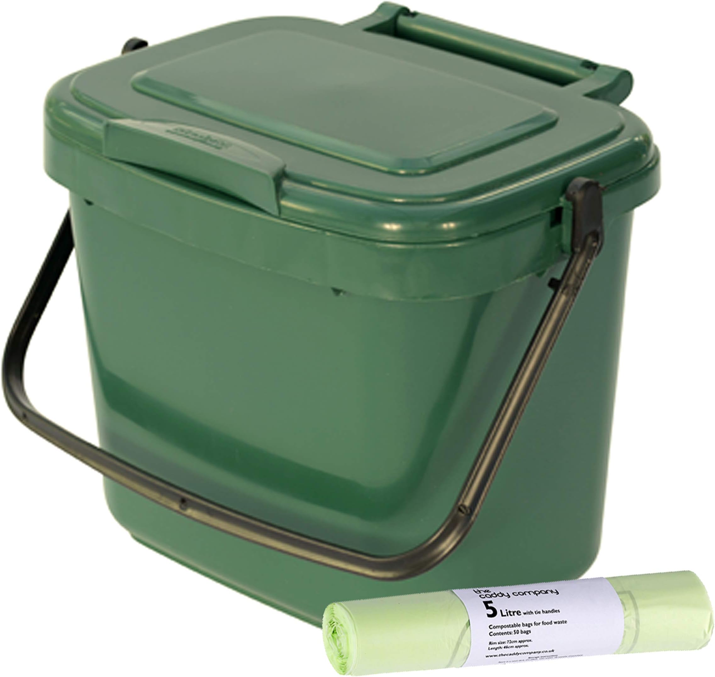 5 Litre Plastic Kitchen Compost Caddy with 50x Tie handle bags, Green ...