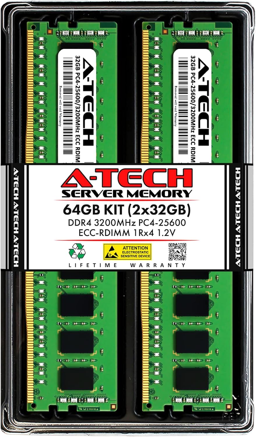 A-Tech 64GB Kit (2x32GB) DDR4 3200MHz PC4-25600 ECC RDIMM 1Rx4 1.2V Single Rank Registered DIMM ...