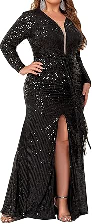 Amazon.com: Madam Uniq Women 1920s Long Sleeve Sequin Dress Side Split ...