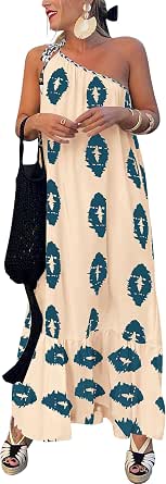 PRETTYGARDEN Women's Summer One Shoulder Maxi Dresses Printed Flowy ...