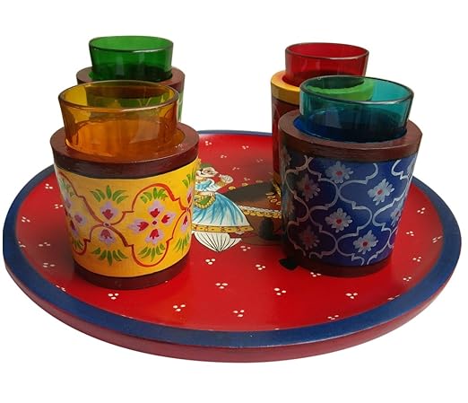 Buy Handcrafted Wooden Tray with 4 Cutting Chai Glass and Wooden Chai ...