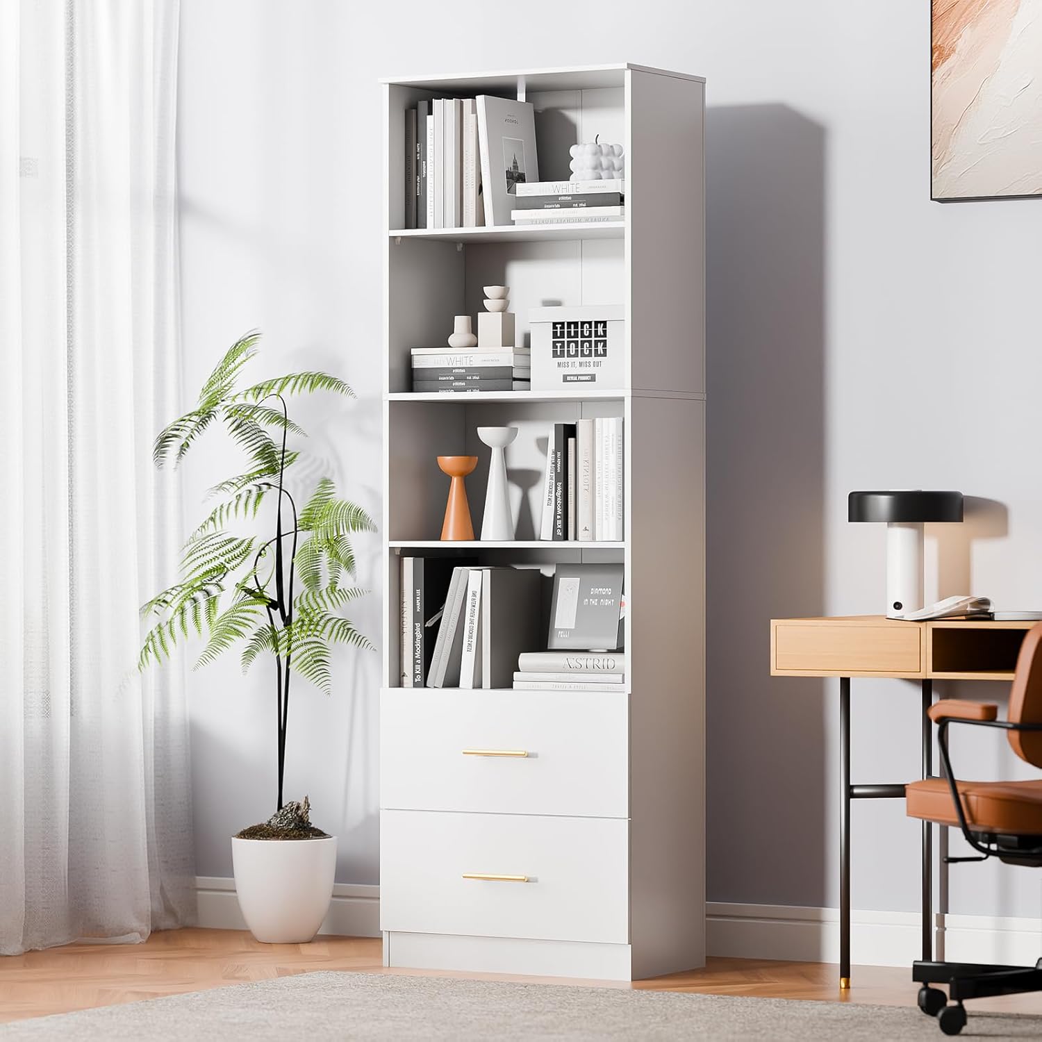 Amazon.com: Cozy Castle 74.1'' White Bookcase with Drawers, 4 Shelf ...