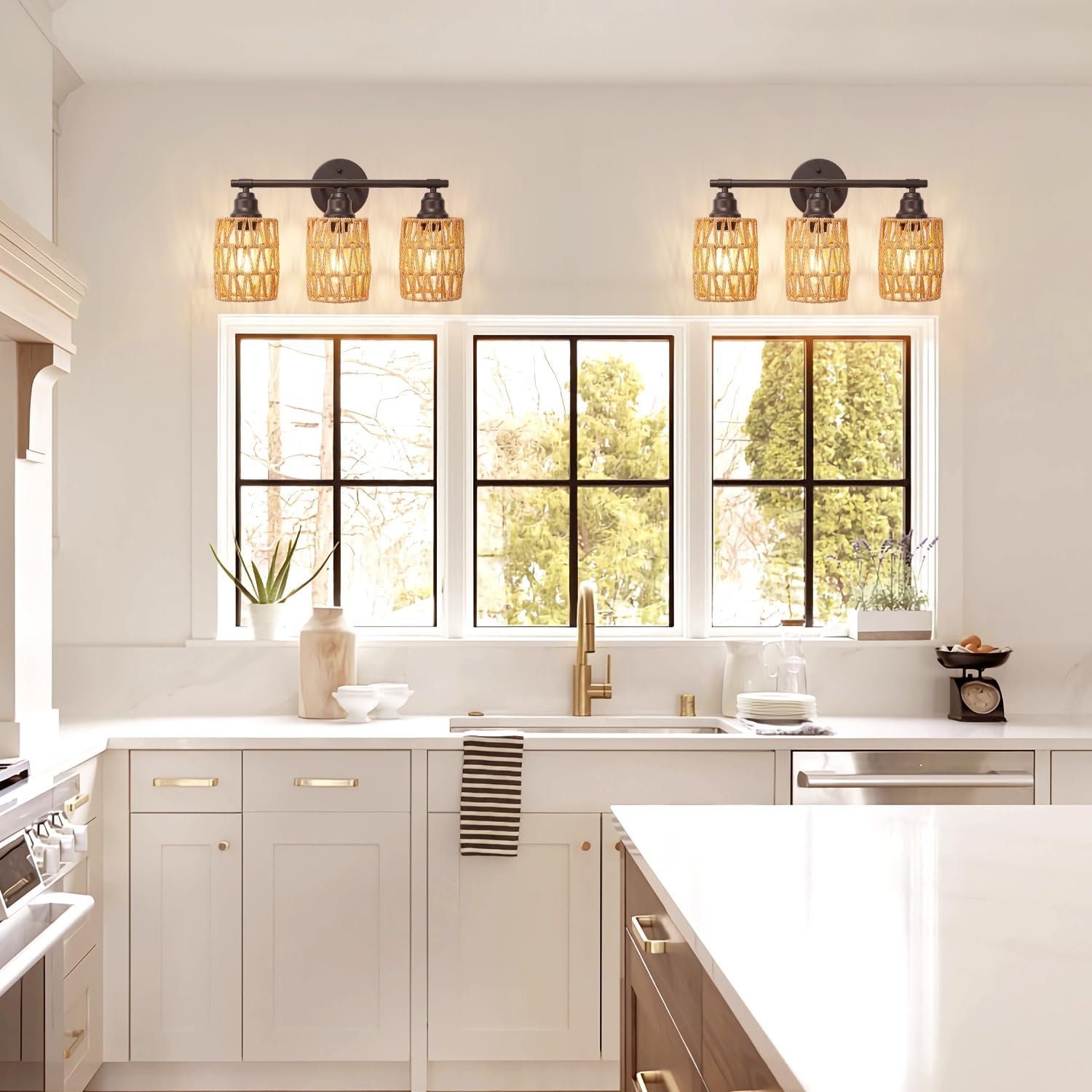 Rattan Vanity Light Boho,3 Light Coastal Tropical Bathroom Wall Mount ...