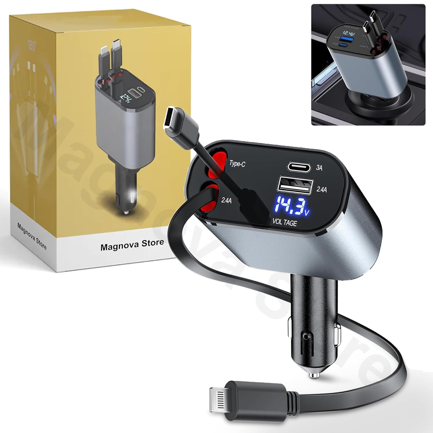 Magnova 120W Retractable Car Mobile Charger with USB Type C + Lightning ...