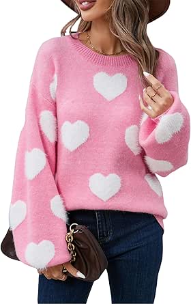 Heart Sweater for Women Valentines Cute Print Crewneck Long Sleeve ...