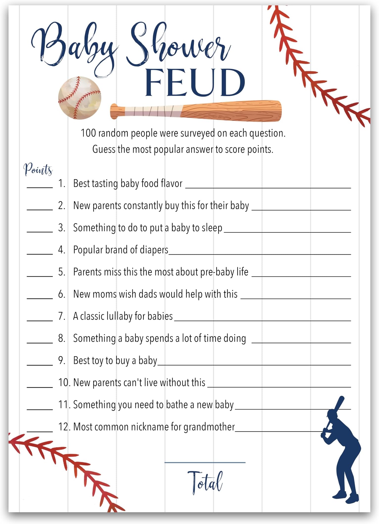 Amazon.com: BASEBALL Baby Shower FEUD Game — Pack of 25 — Fun Shower ...
