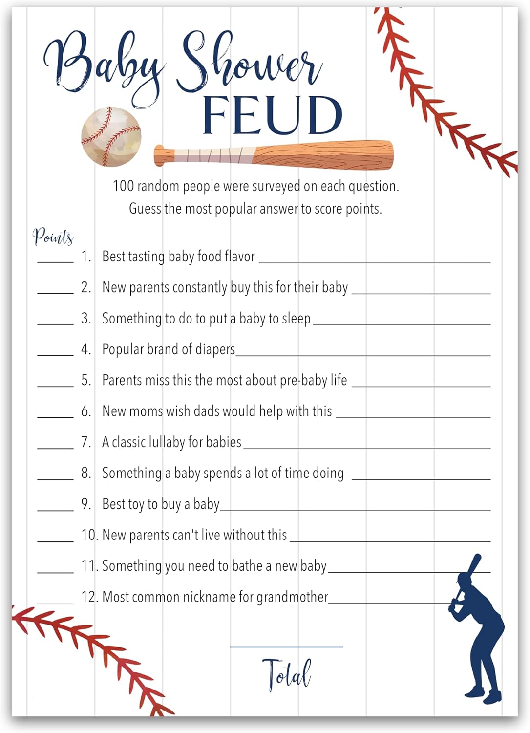 Amazon.com: BASEBALL Baby Shower FEUD Game — Pack of 25 — Fun Shower ...