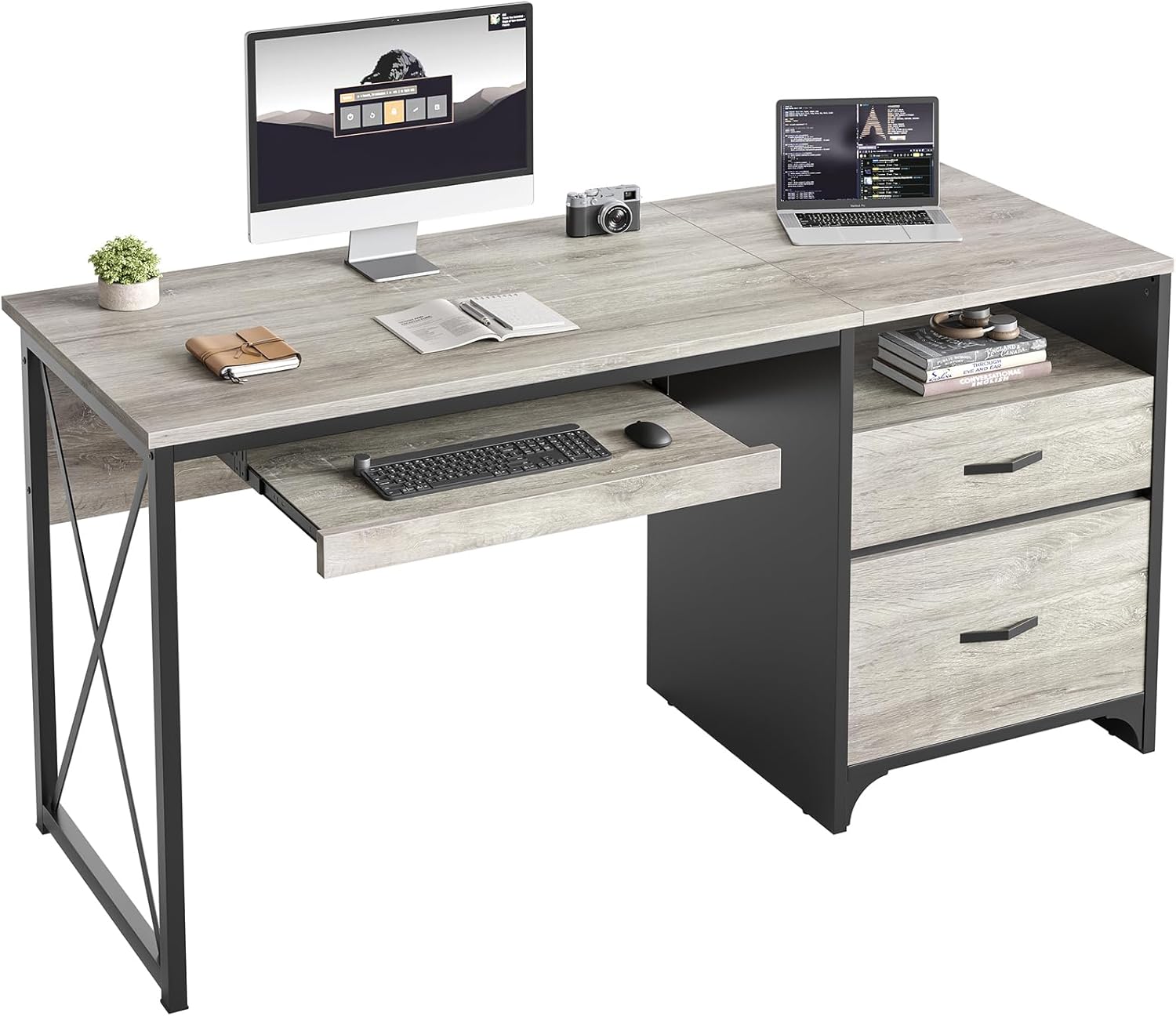 Bestier Office Desk with Drawers, 55 inch Industrial Computer Desk with ...