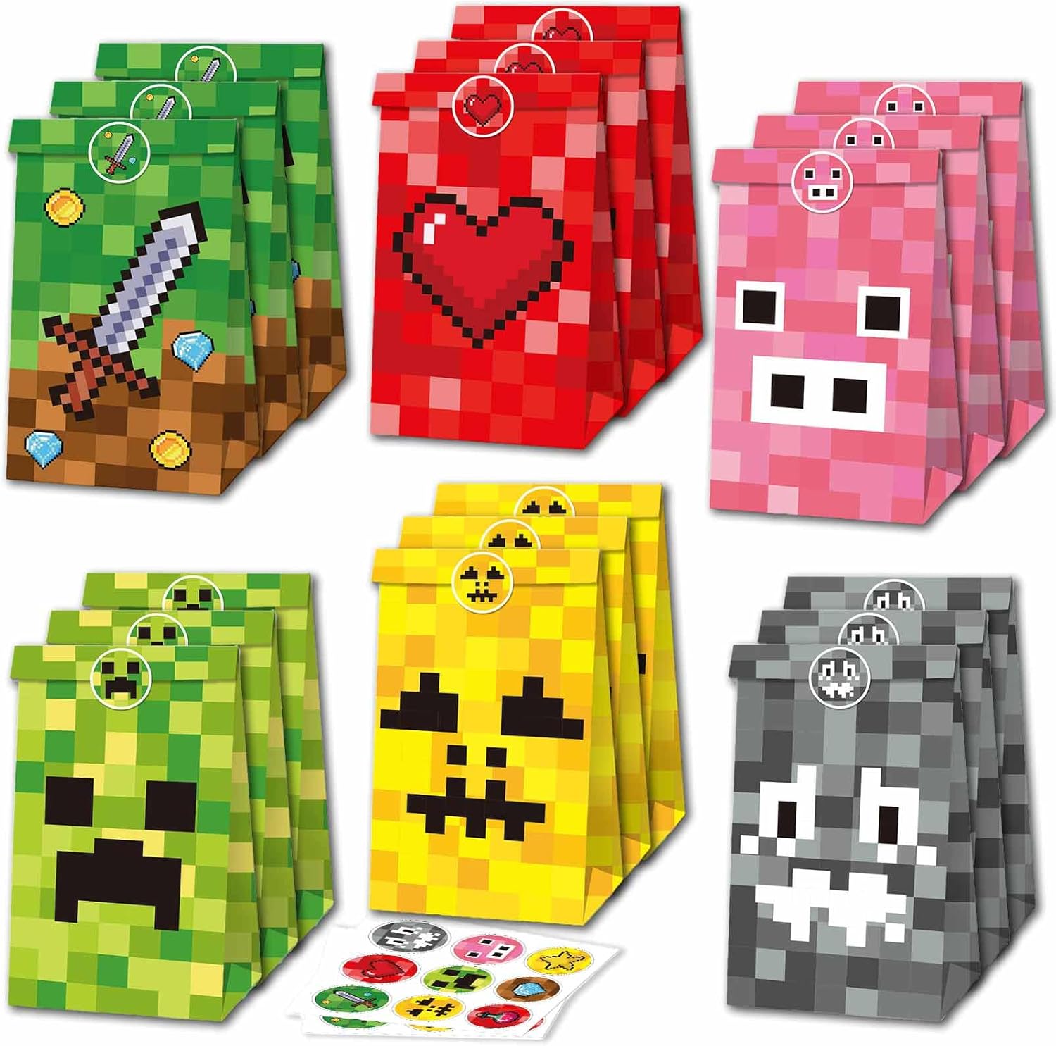 SIMIN 18 PCS Pixel Style Theme Paper Bags - Game Theme Goodie Treat ...