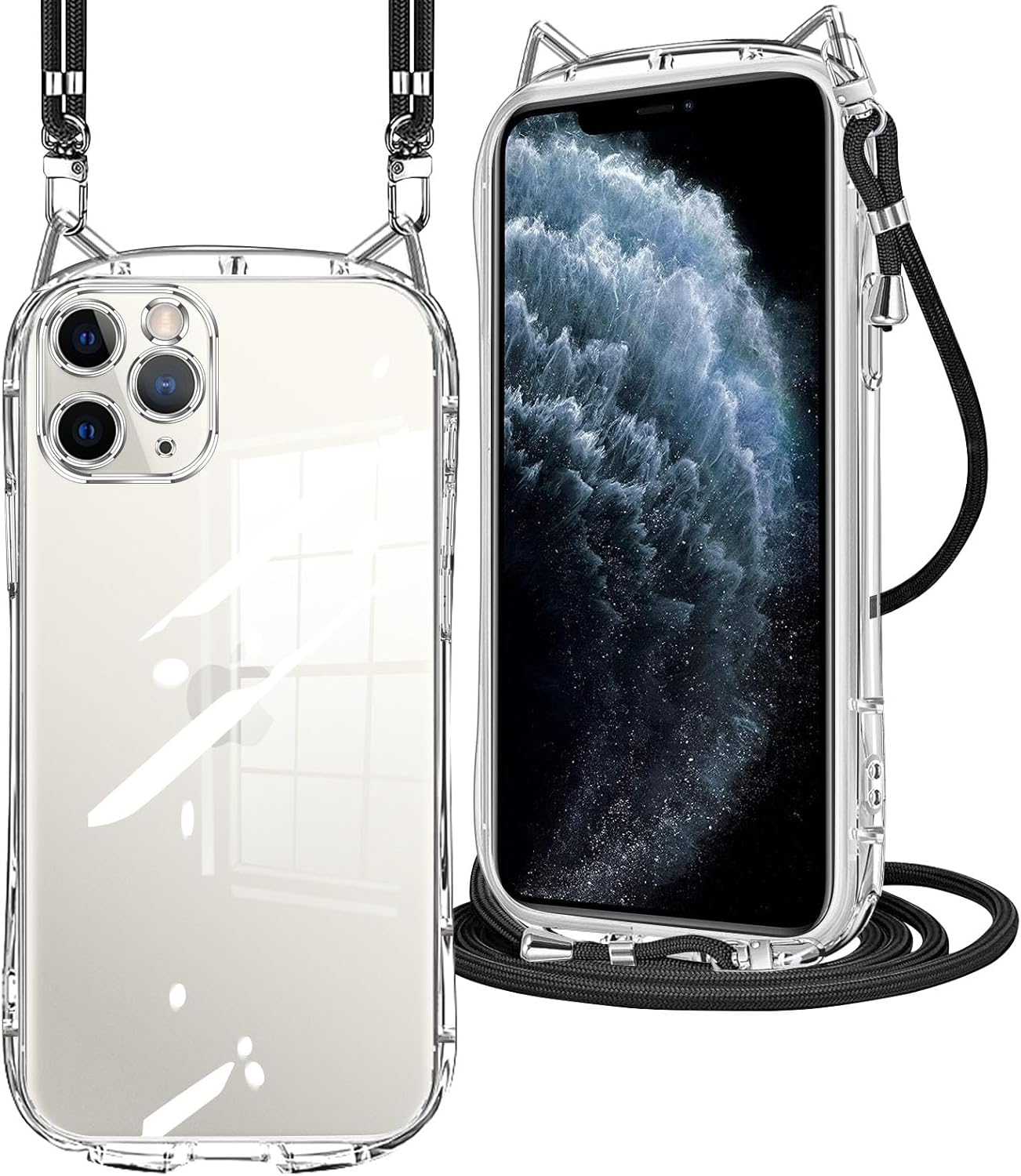 Amazon.co.jp: tuulaasii For iPhone 12 Pro 用 ケース 猫耳 mimi クリア 透明 ショルダー 調節 ...