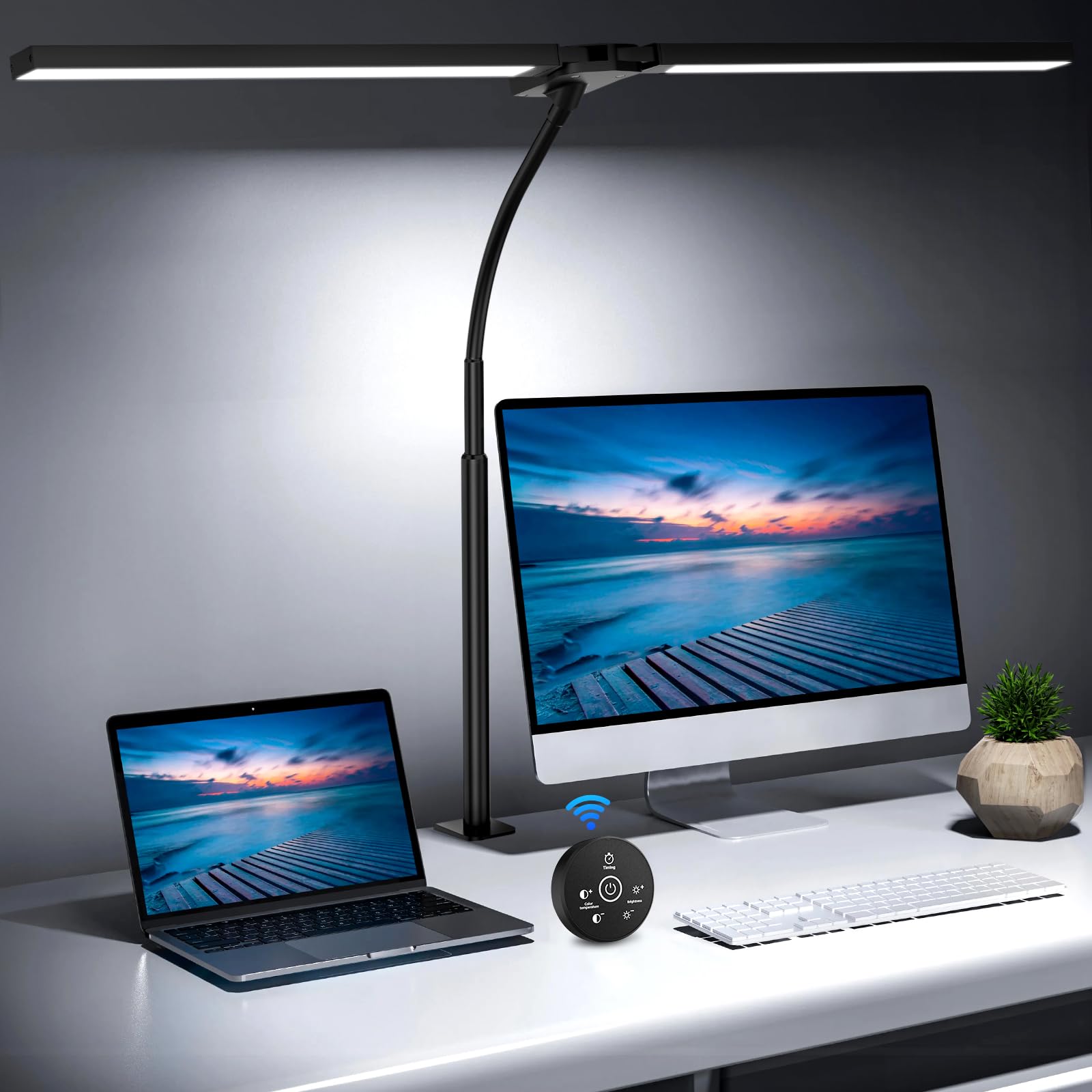 KSTARITE 24W LED Desk Lamp with Clamp, Daul Head Dimmable Desk Light ...