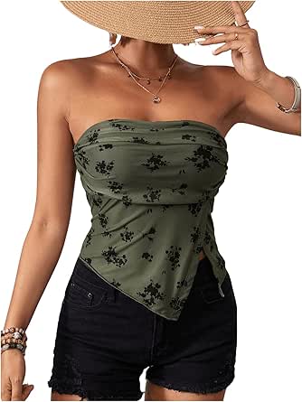 Milumia Women's Floral Strapless Split Hem Tube Tops Ruched Bandeau ...