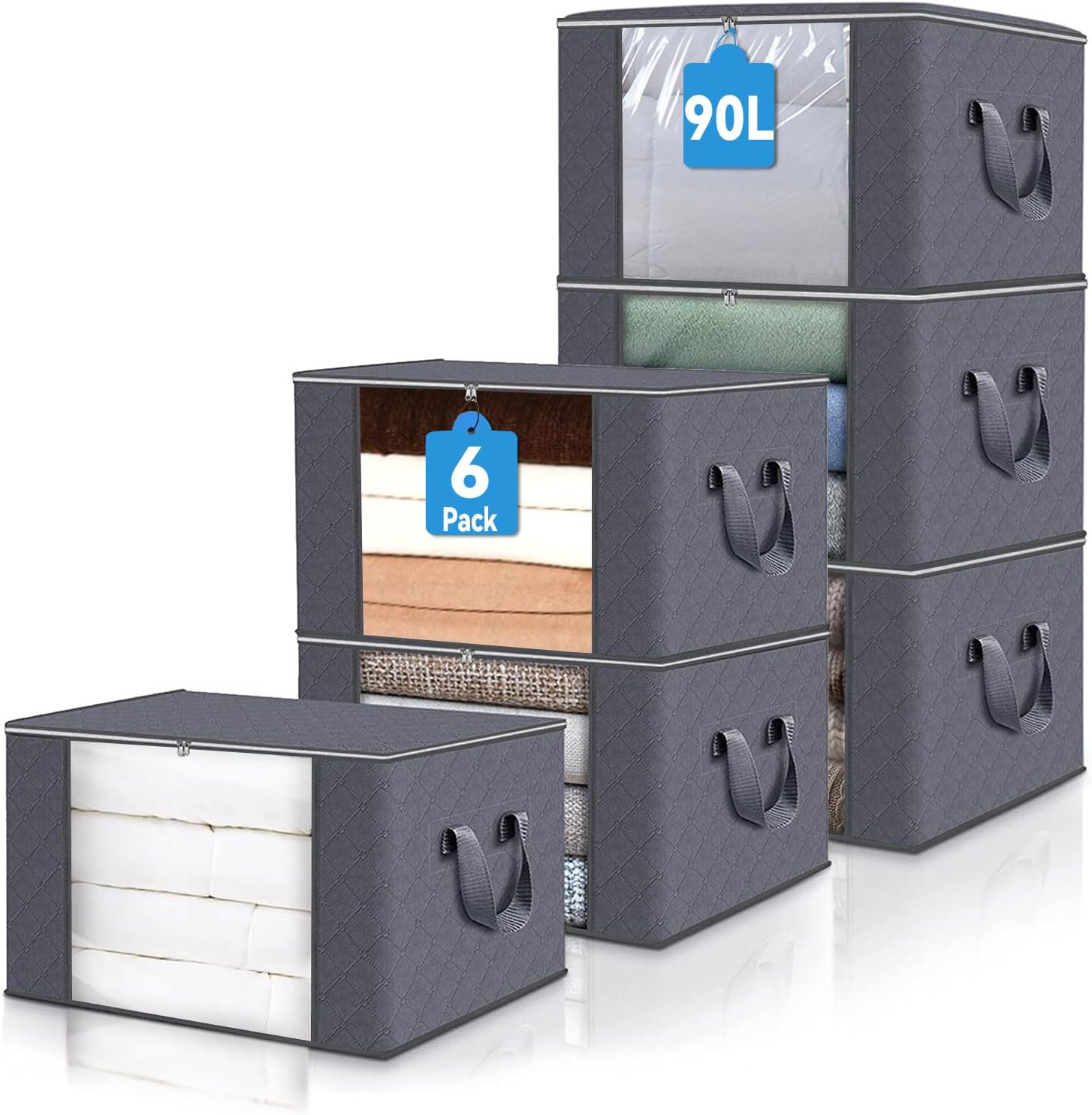 90L Large Clothes Storage Bags, 6 Pack Grey Clothes Storage Bins ...