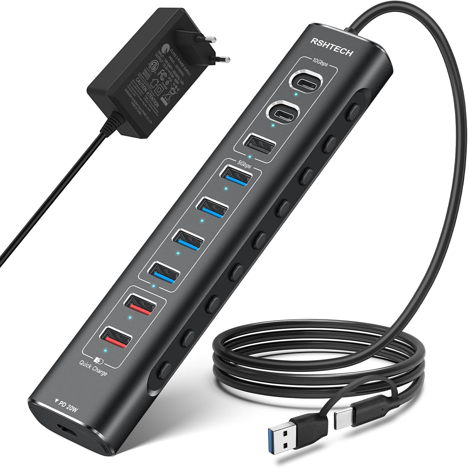 RSHTECH Aluminum 10-Port USB C 3.0/3.2 Hub Aktiv mit Netzteil, 3 ...