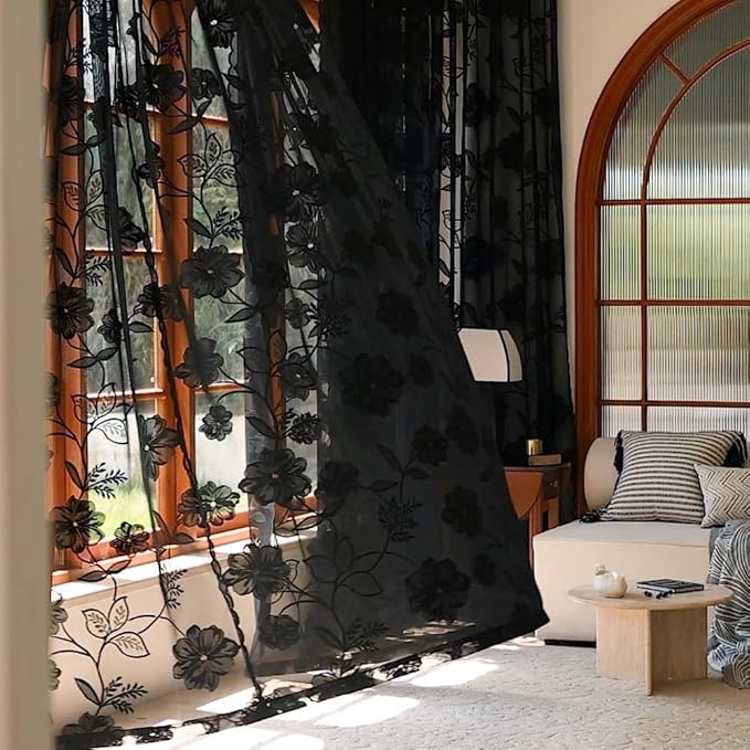 Amazon.com: Treatmentex Black Lace Curtains 63inch Rose Floral and Leaf ...