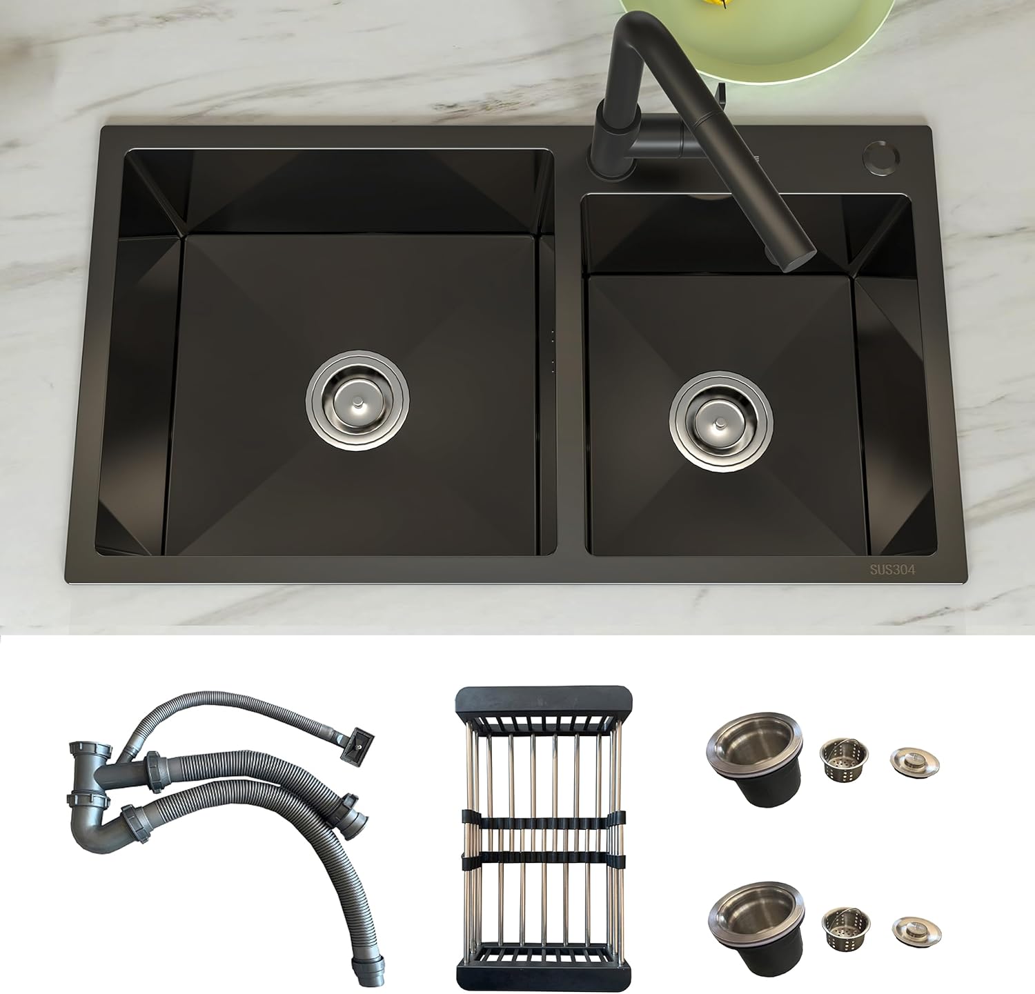 MEJE 30.75x17 Inch Black 11 Gauge 304 Stainless Steel Kitchen Sink, 60/ ...