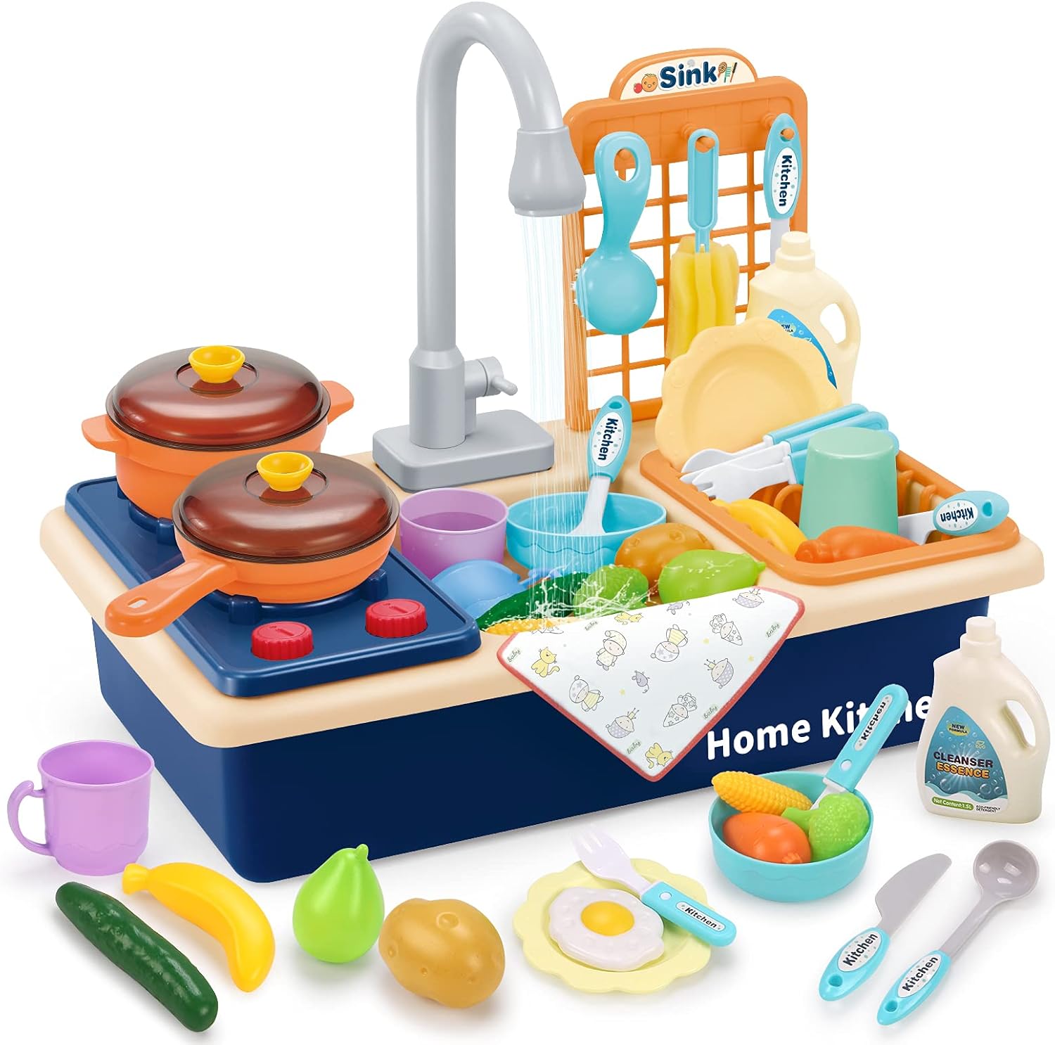 KaeKid Play Kitchen Sink Toys with Real Faucet, Play Cooking Stove ...