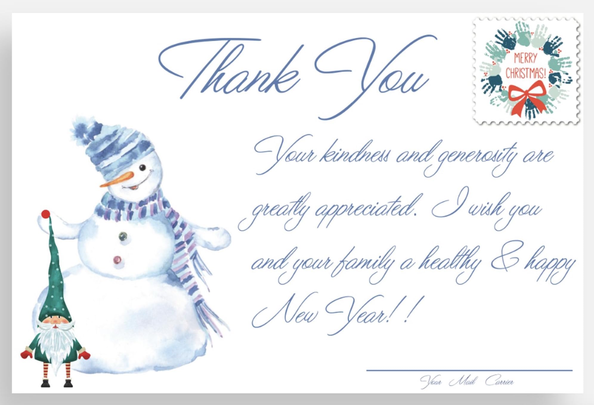 Amazon.com : Mail Carrier Thank You Cards 50 pack Gnome & Snowman Scene ...