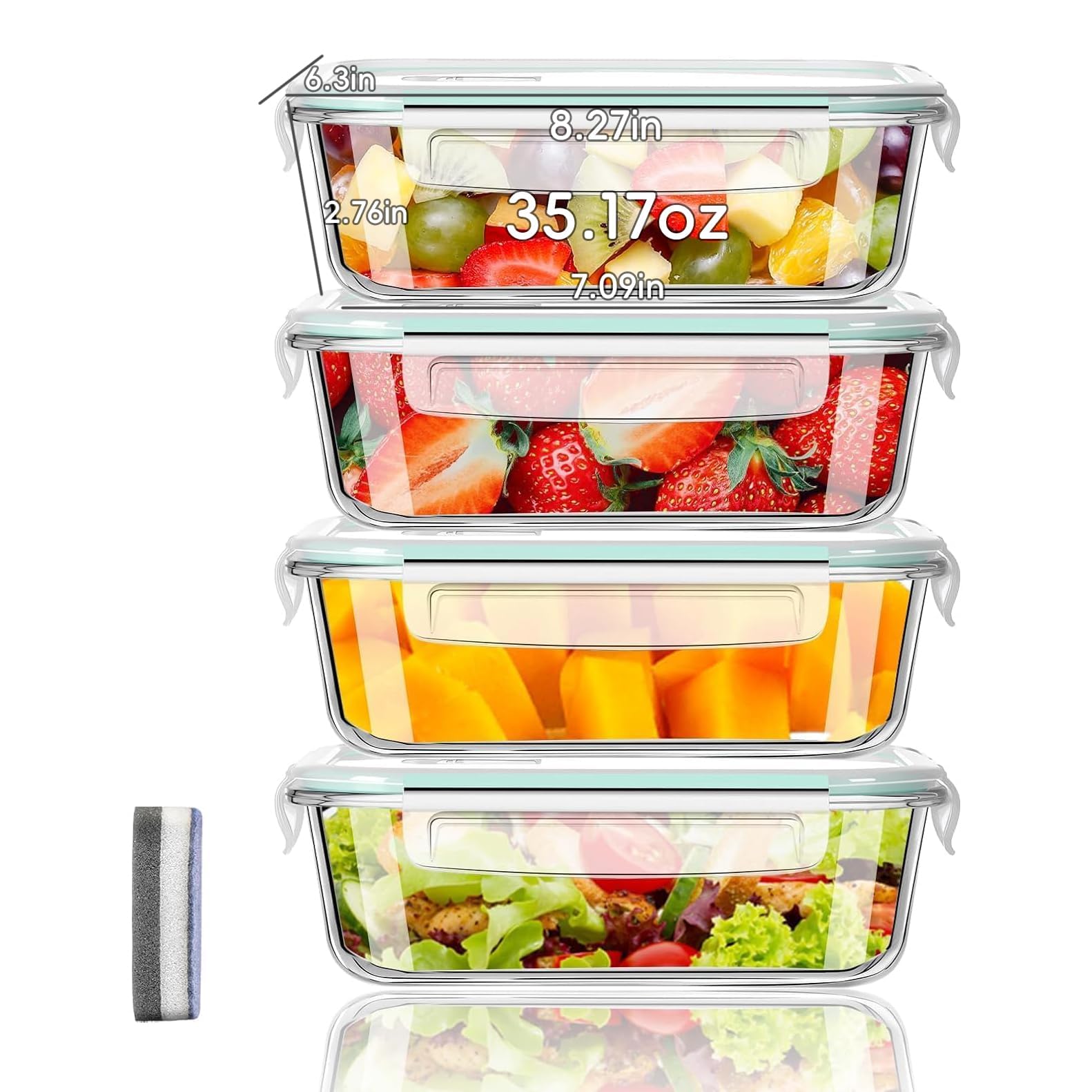 IUGHN Food Storage Containers 4Pcs 1040ML Glass Containers with Lids und 1 Cleaning Sponges ...