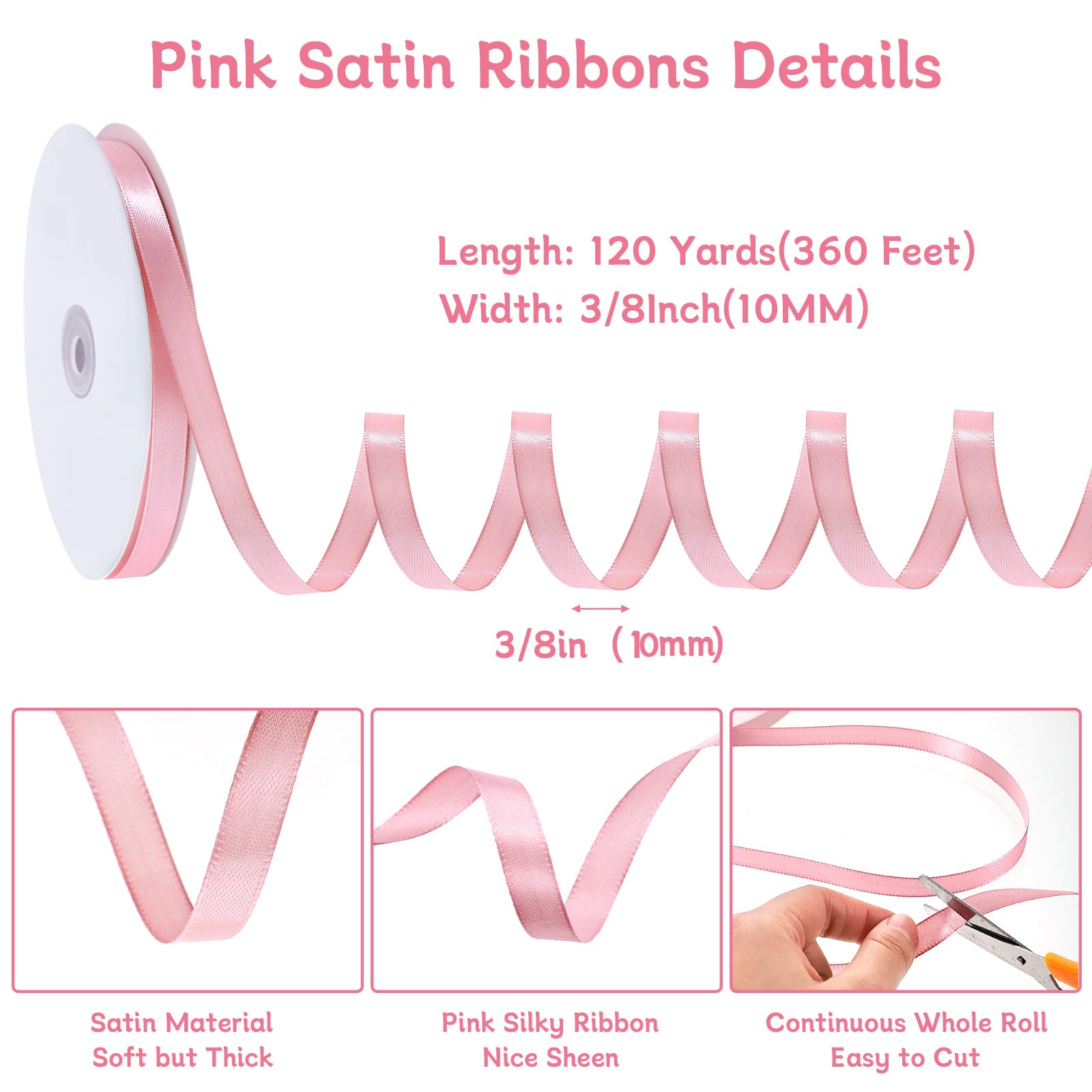 Snapklik.com : Woric 120 Yards Pink Ribbon 3/8 Inch Craft Thin Satin ...