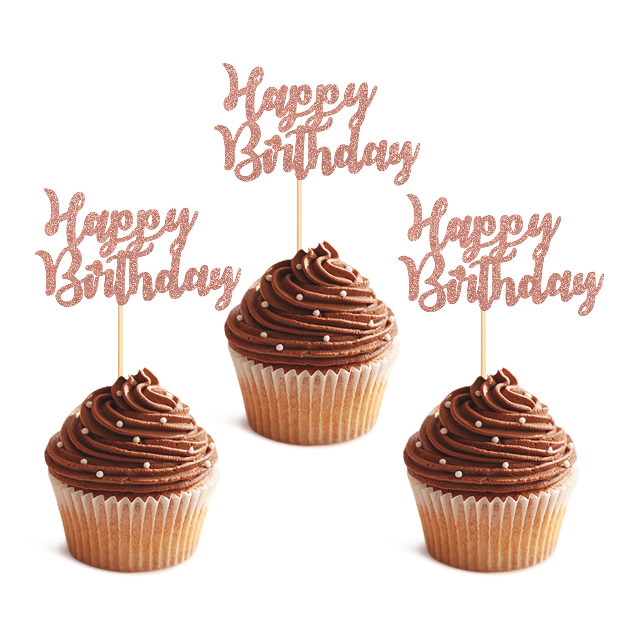 Buy Blumomon 24Pcs Happy Birthday Cupcake Toppers Rose Gold Glitter ...