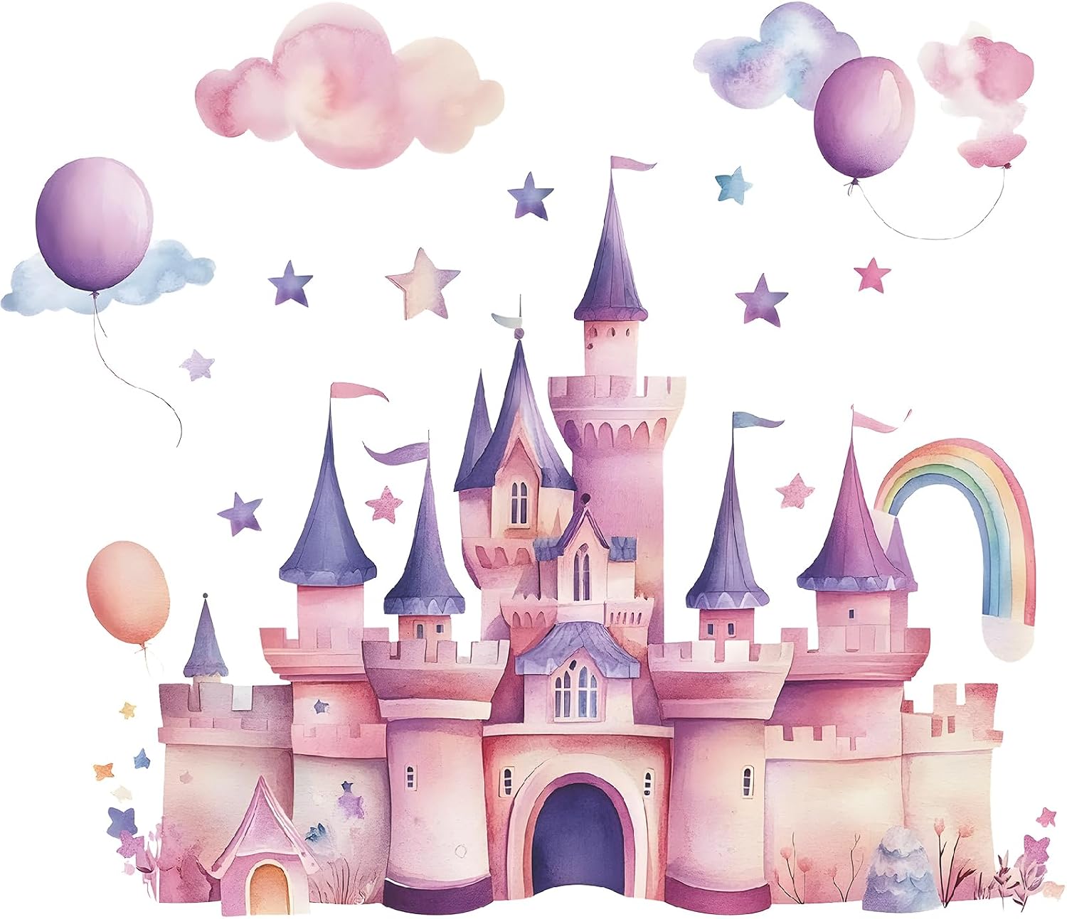 Princess Dreamy Pink Castle Wall Decal for Girls Room Cartoon PVC Wall ...