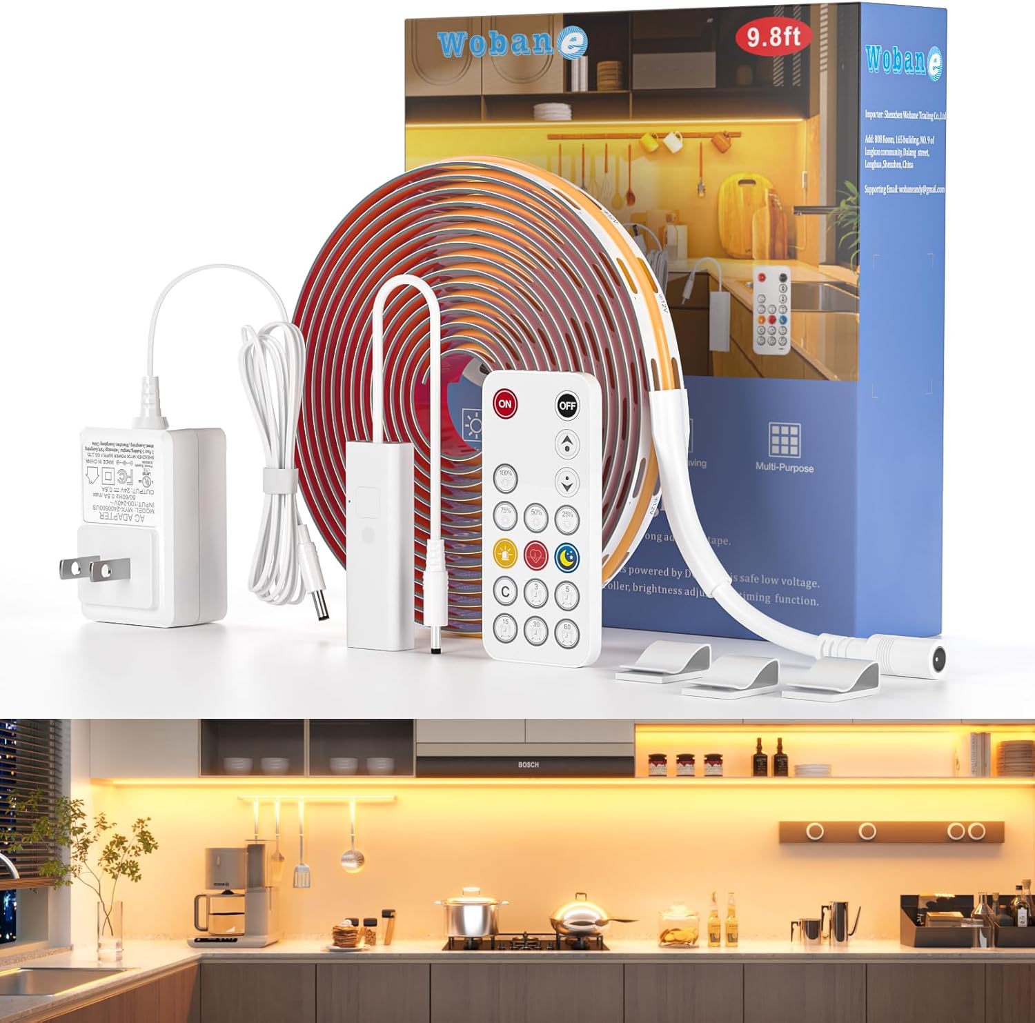 WOBANE COB LED Strip Light Kit,9.8ft Dimmable LED Light Strip with RF ...