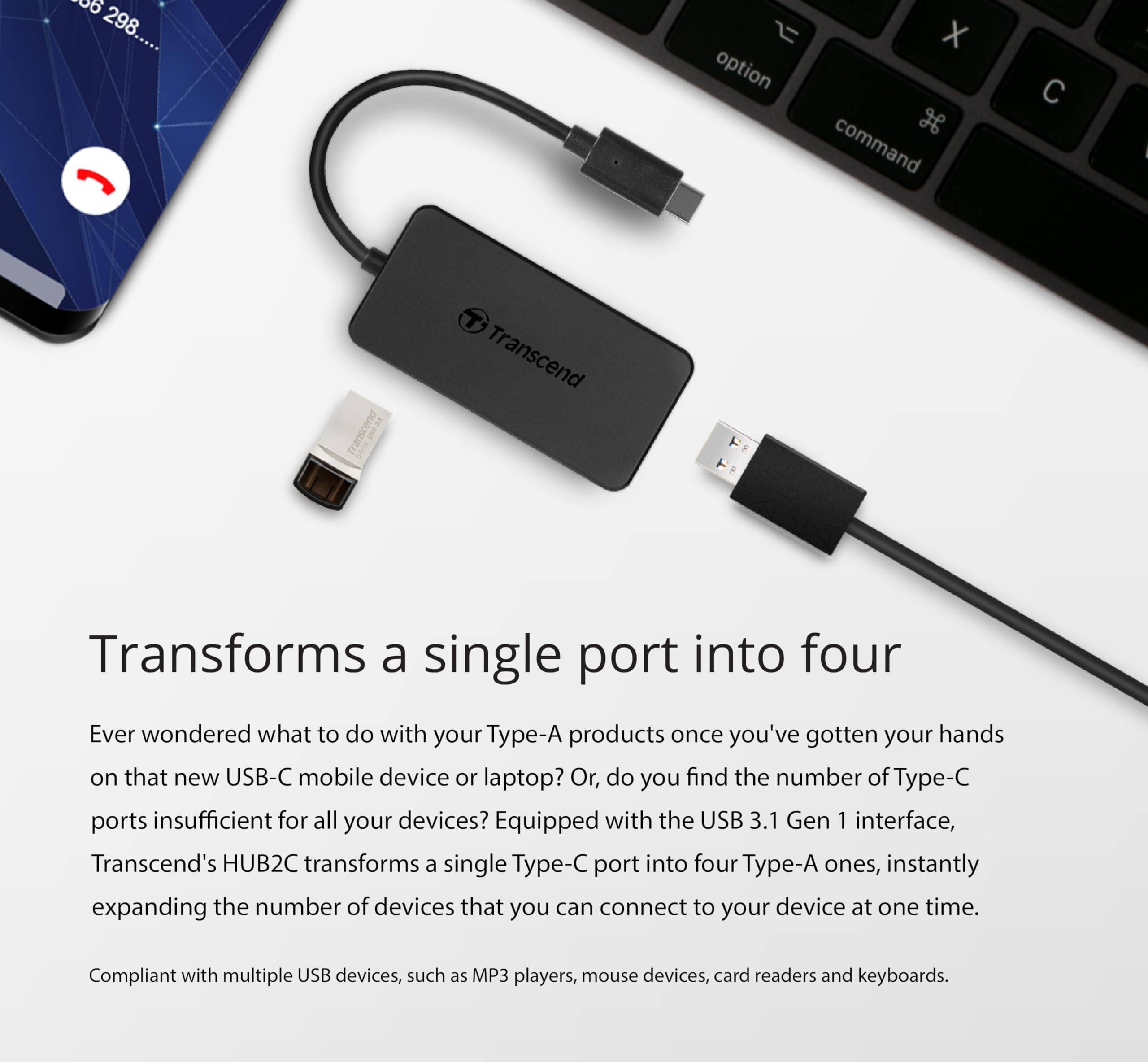 Snapklik.com : Transcend HUB 4-Port HUB, Type C, 4-Port USB 3.0, Compatible