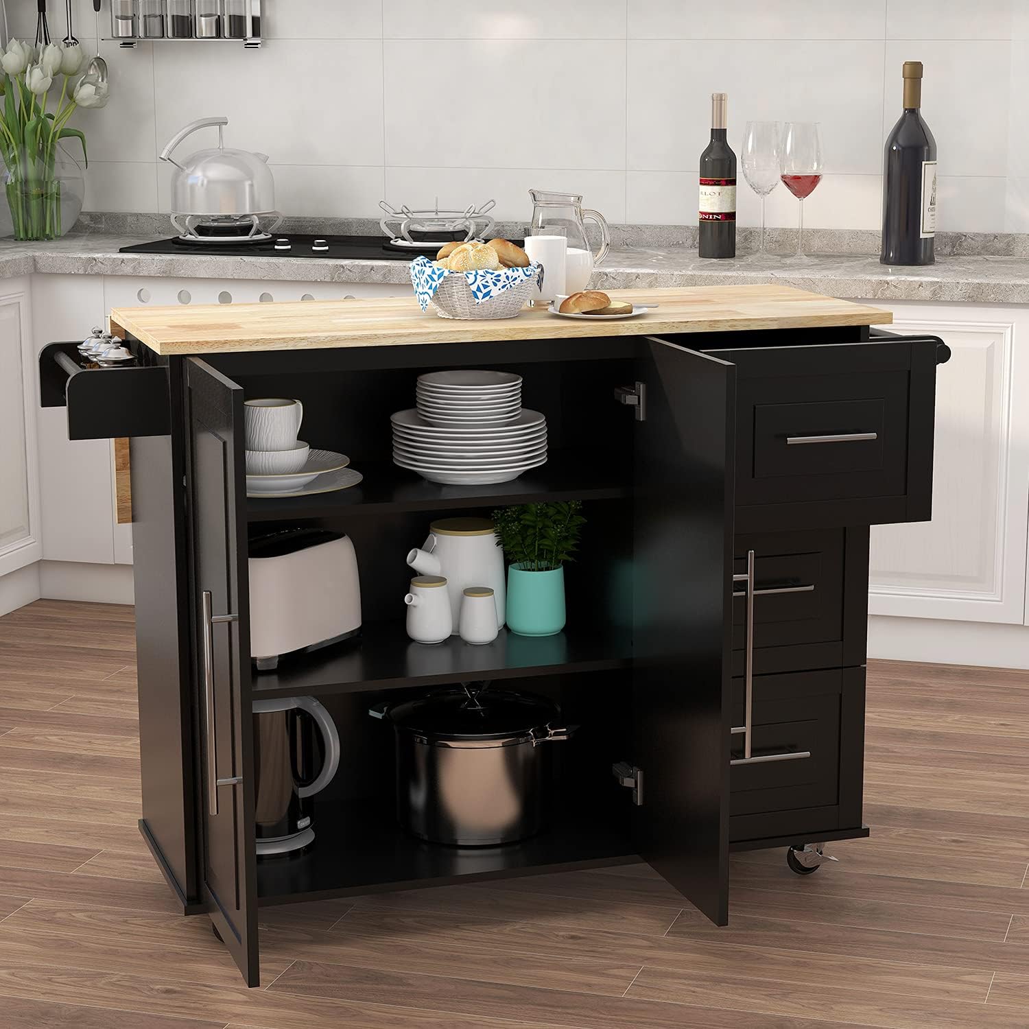 Amazon.com - Kitchen Cupboard Table with Drawers and Cabinets, Wood ...