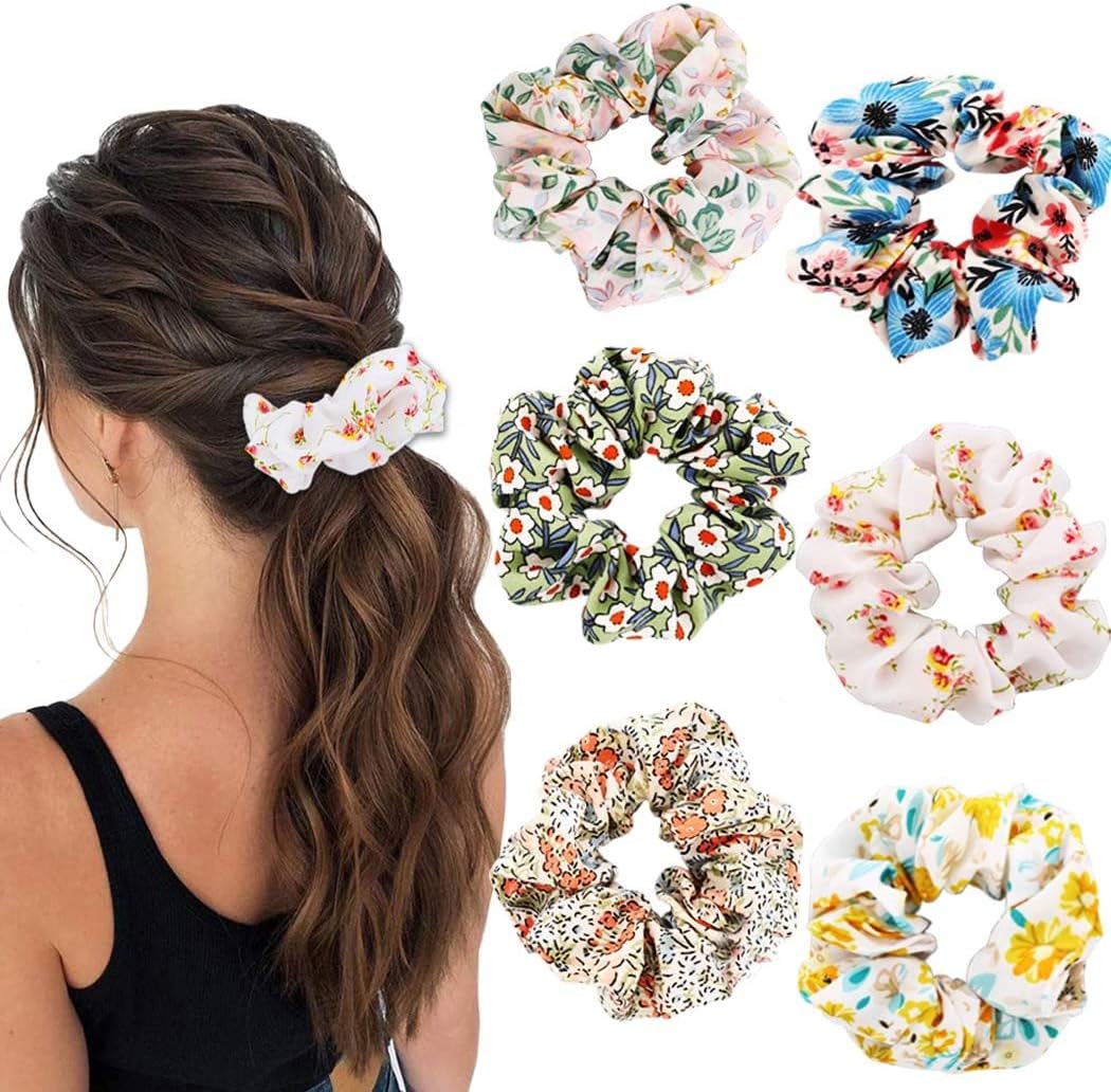 Amazon.com : Jewemia Women's Floral Chiffon Hair Scrunchies - Elastic ...