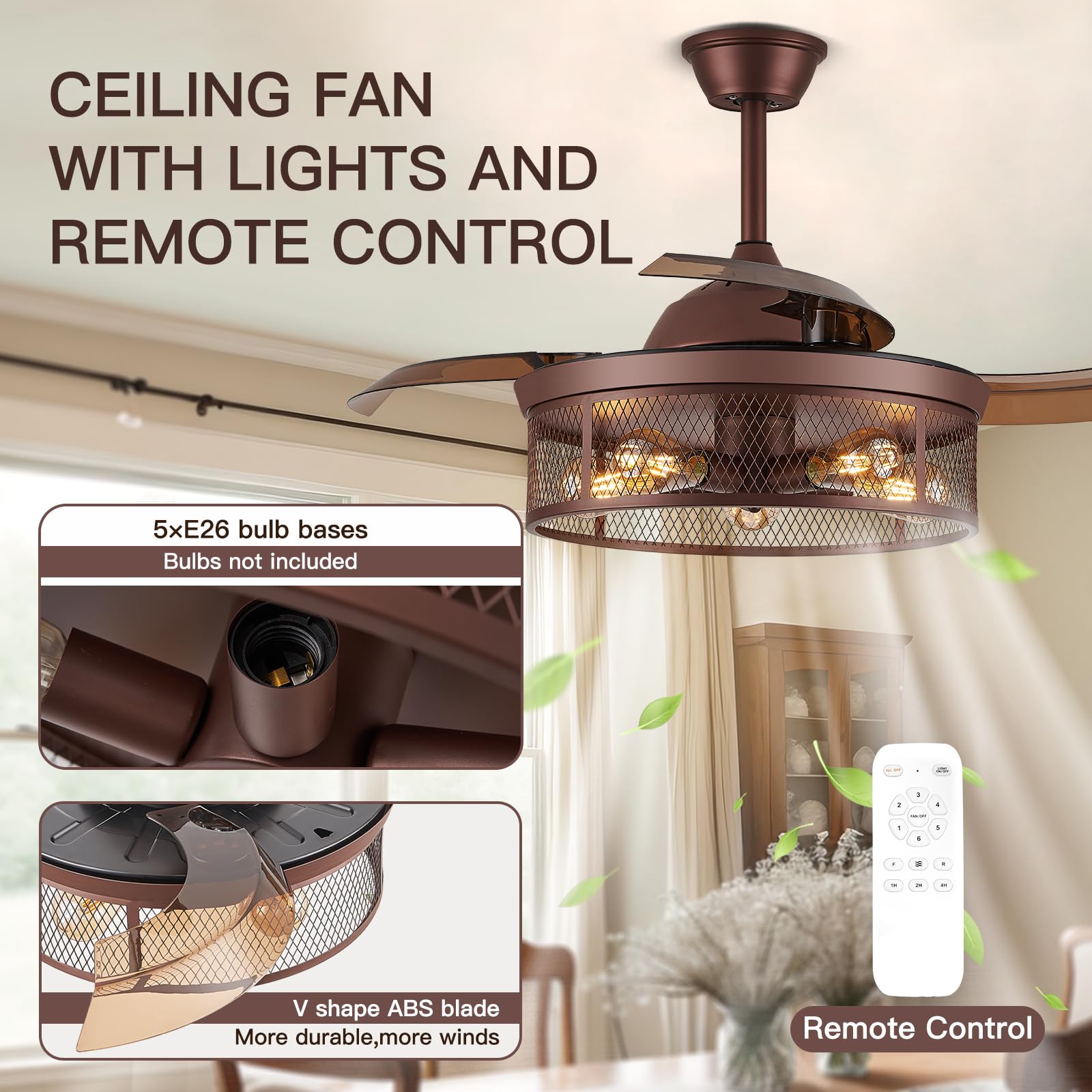 SAMPHON Retractable Ceiling Fans with Lights and Remote,42'' Caged ...