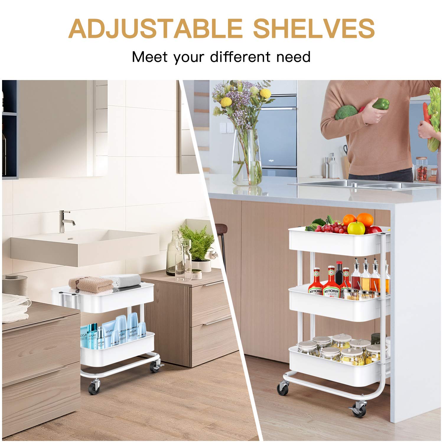 Pipishell 3-Tier Metal Rolling Utility Cart, Heavy-Duty Storage Cart ...