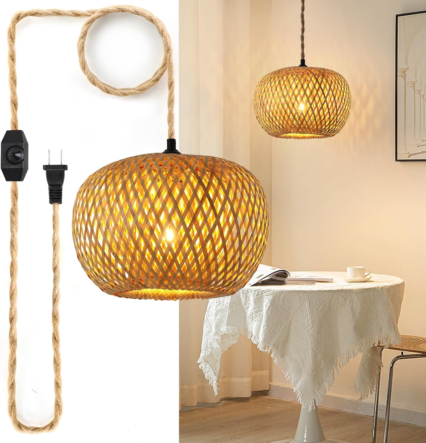 AUA Plug in Pendant Lighting with Cord, Dimmer Switch Hand Woven Bamboo ...