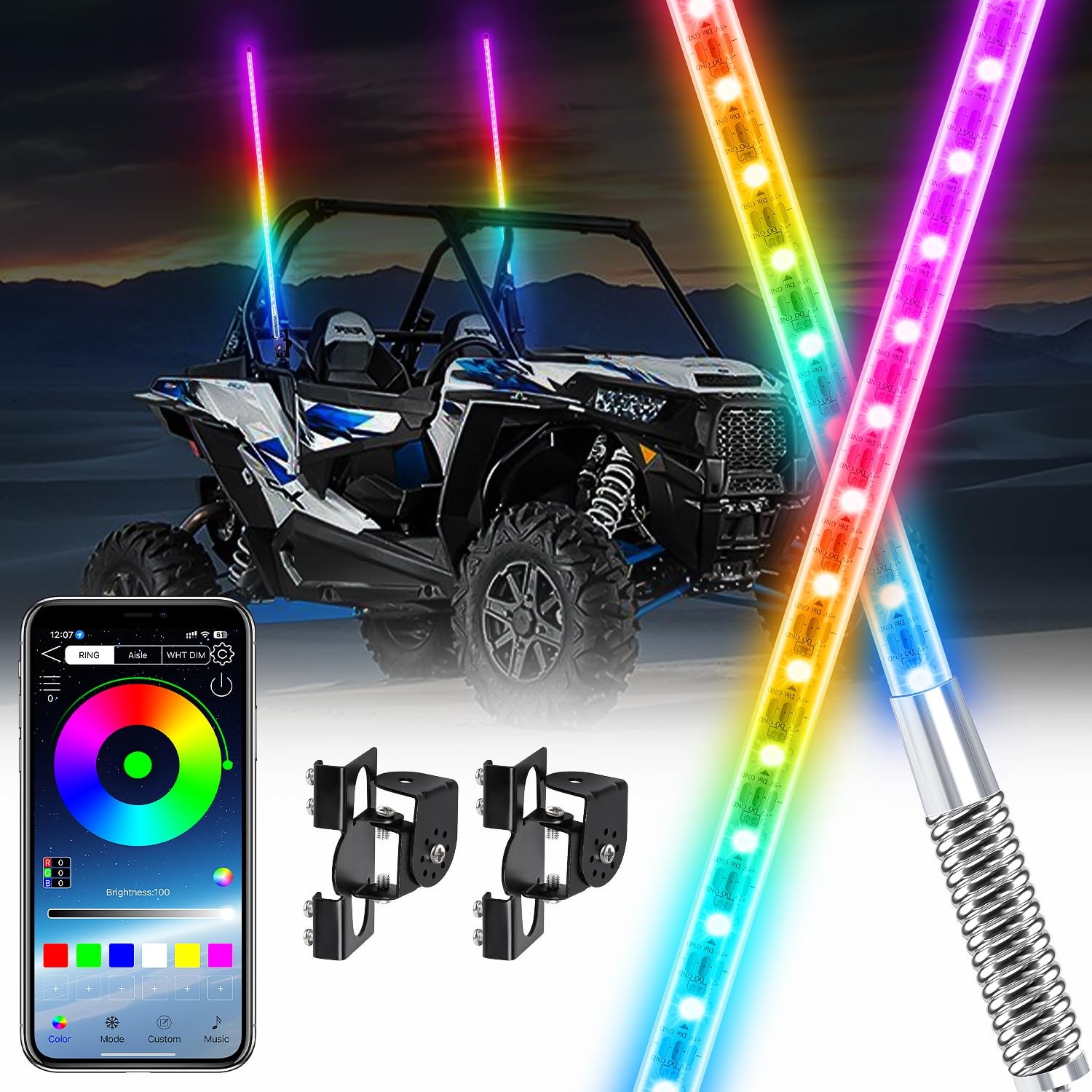 FICOLPO 2 Pcs 2.36Ft Upgrade Whip Lights with Spring Base, LED RGB ...