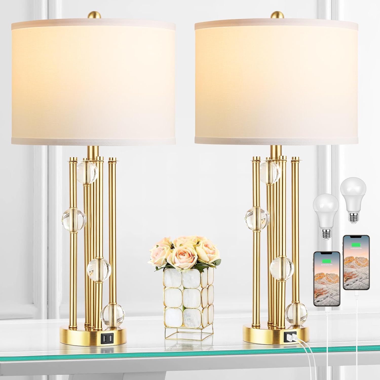 Gold Table Lamp for Living Room with USB Ports, Modern Bedside Lamps ...