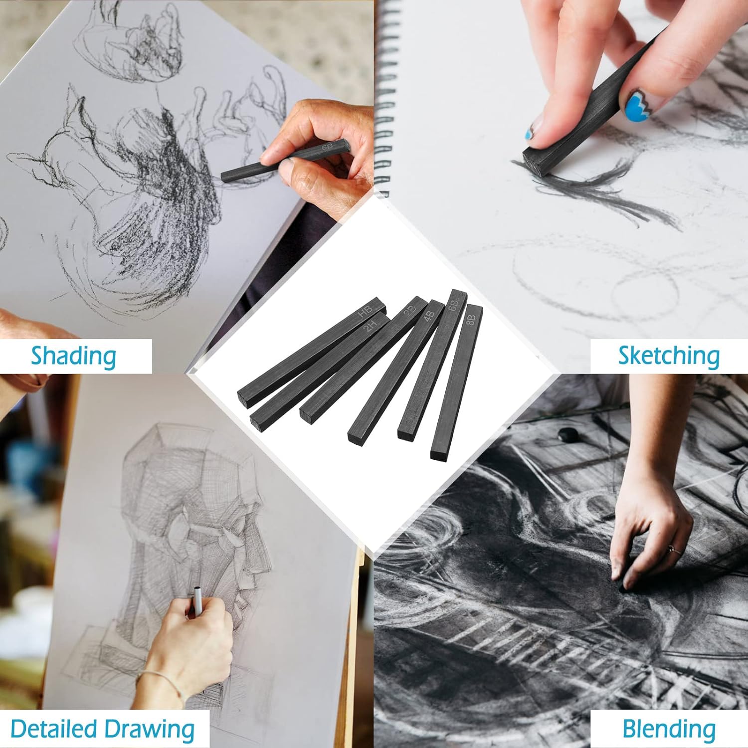 12 Pcs Square Compressed Charcoal Sticks Compressed Graphite Material ...