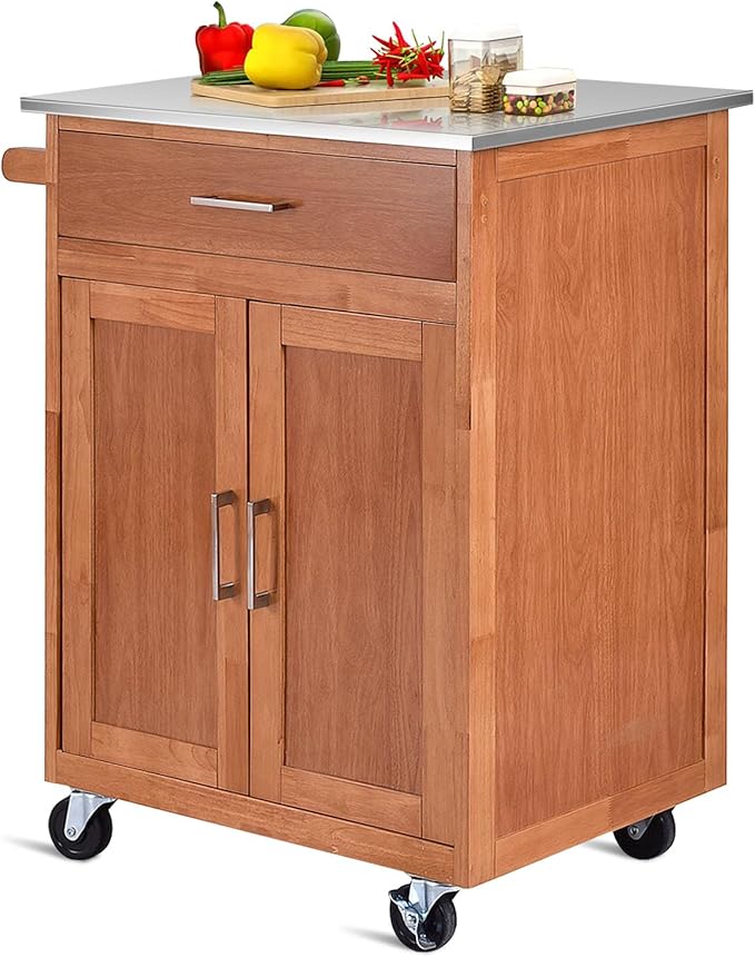 TANGZON Kitchen Storage Trolley on Wheels, Rubber Wood Rolling Kitchen ...