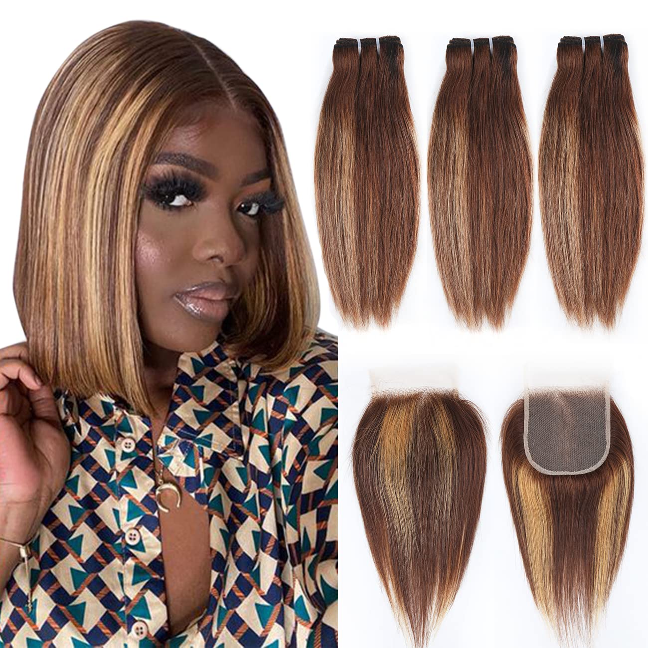 Amazon.com : Short Brown Highlight Bundles with Closure Human Hair ...