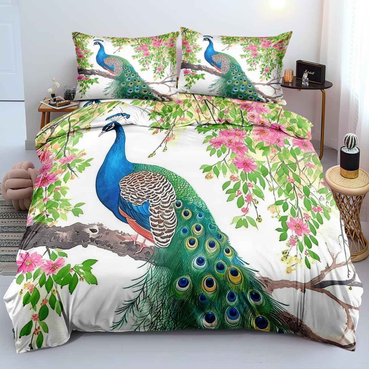 Amazon.com: CCoutueChen Peacock Comforter Set Queen Size Botanical ...