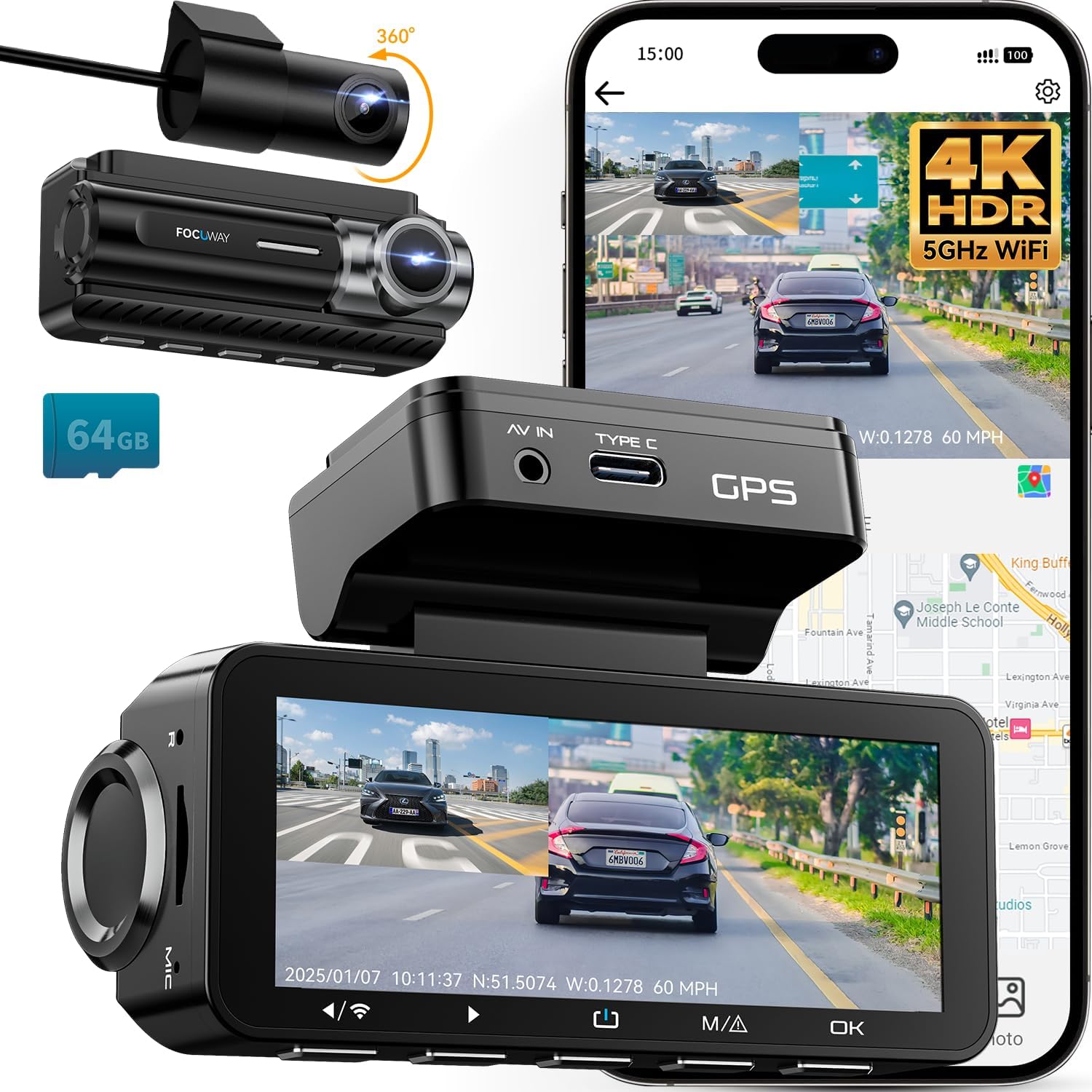 Amazon.com: Dash Cam Front Rear 4K Built-in 5G WiFi GPS, Voice Control ...