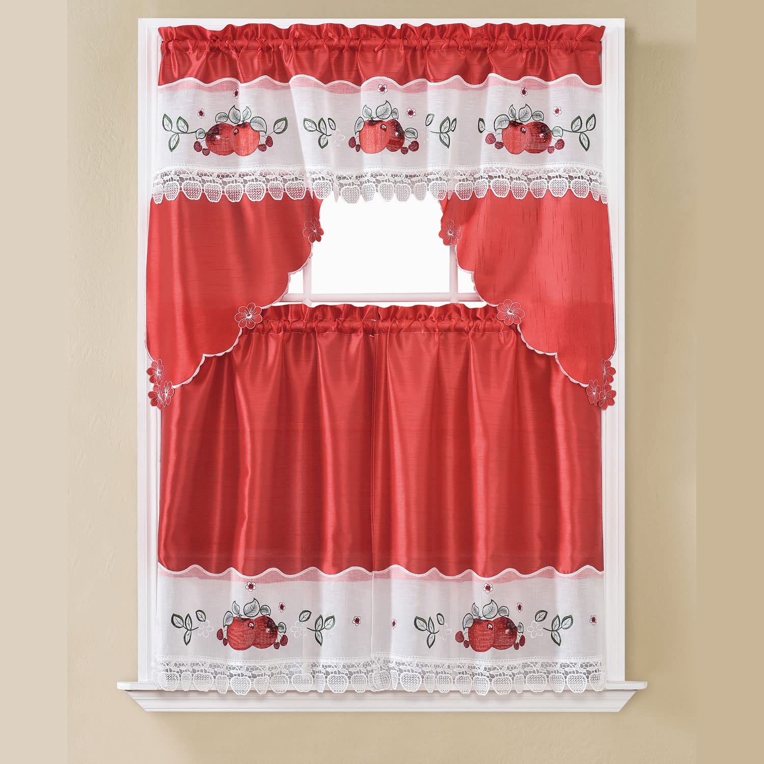 Amazon.com: PREMIUS Apple 3-Piece Embroidered Kitchen Curtain Set with ...