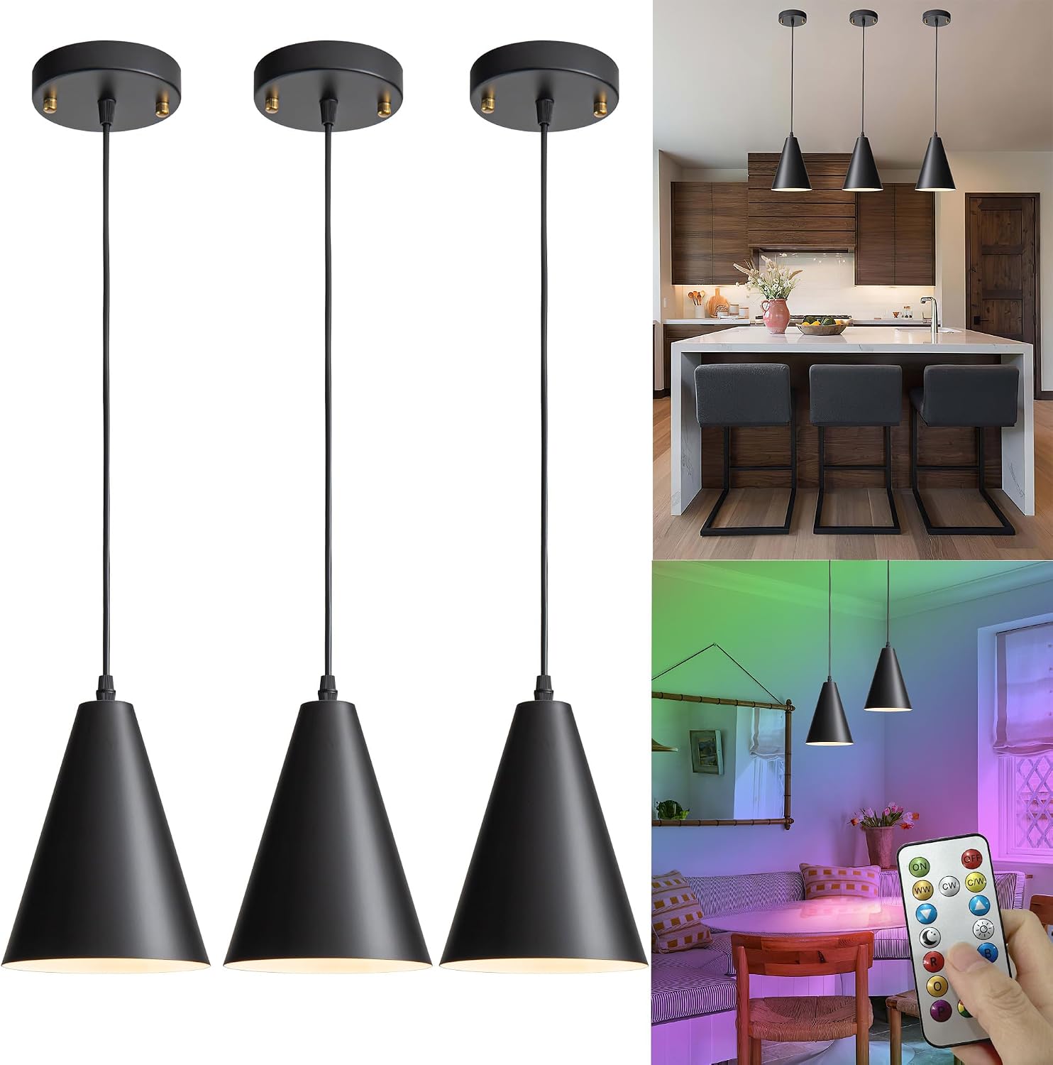 Wireless Pendant Light With Remote, 3 Pack Pendant Lighting For Kitchen ...