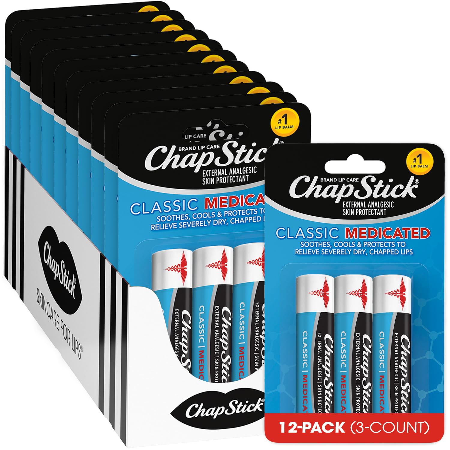 Amazon.com : ChapStick Classic Medicated 3-Packs (12 Sets/36 Tubes) – Bulk Lip Balm, Dry Lips ...