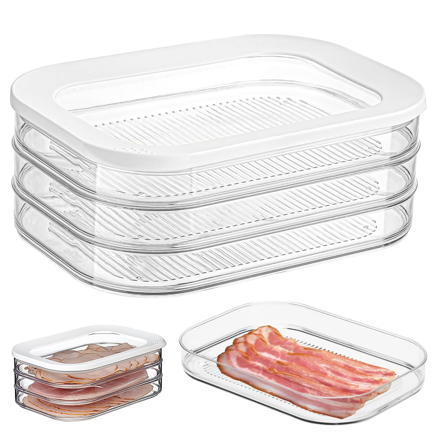 3 Layer Deli Meat Container for Fridge, Bacon Lunch Meat Container for ...
