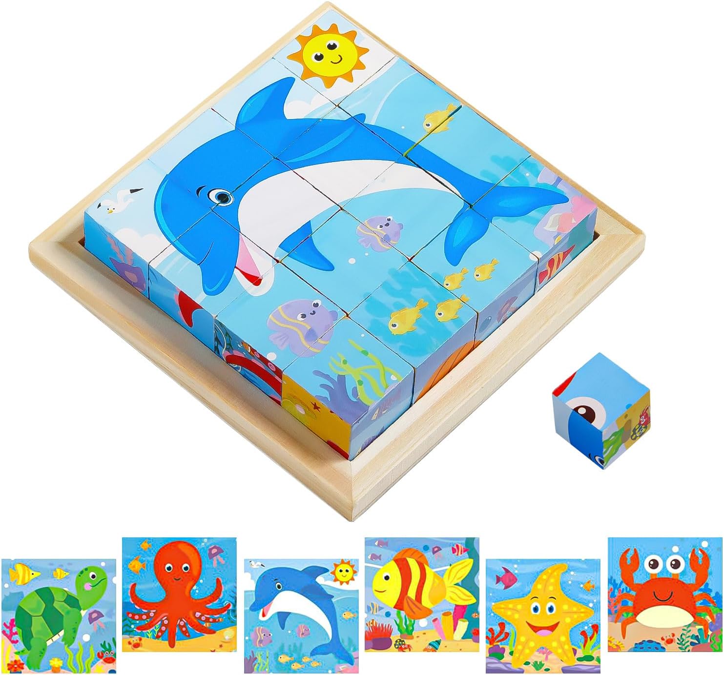 TYFYH Würfelpuzzle Holz, 3D Bilderwürfel Puzzlespiele 6 in 1 Tier ...