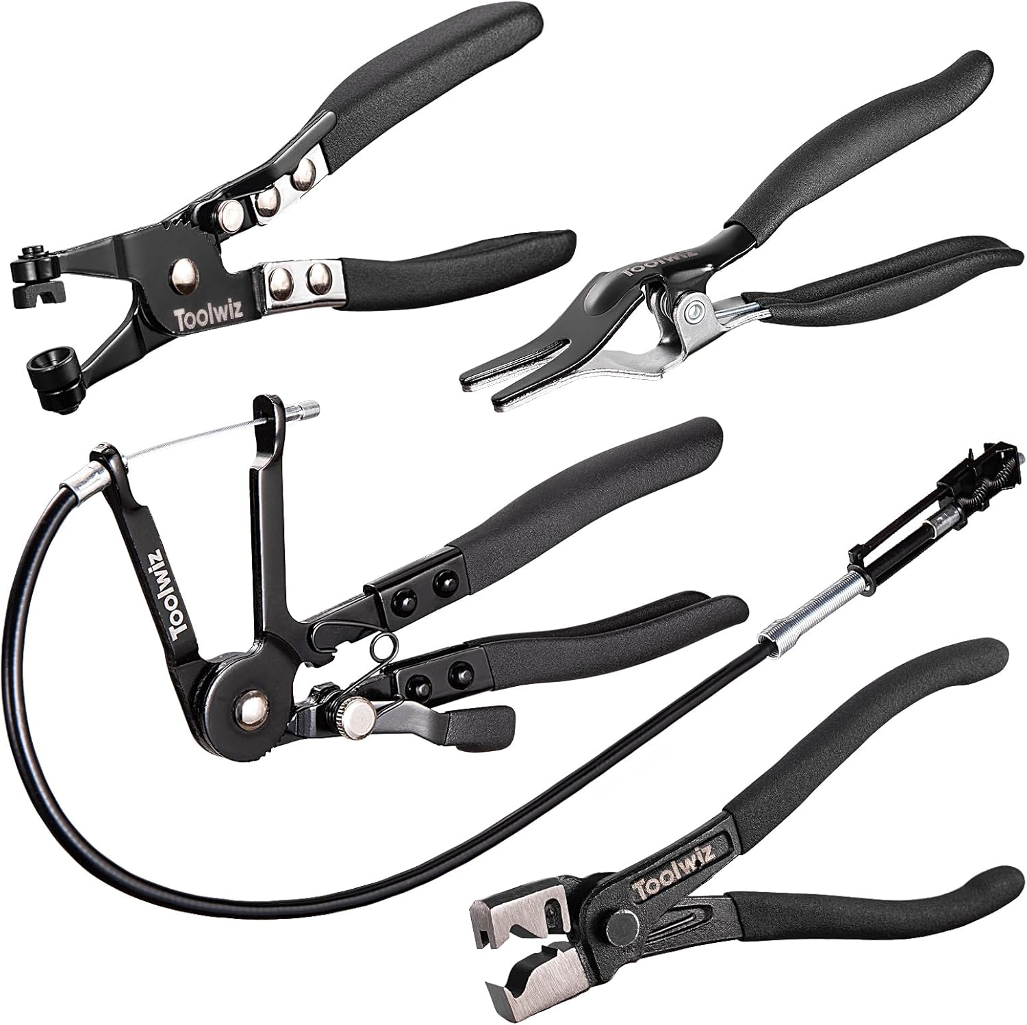 Toolwiz 4 Pcs Hose Clamp Pliers, Hose Clip Pliers Includes 27" Long Reach Wire Spring, Flat Band ...