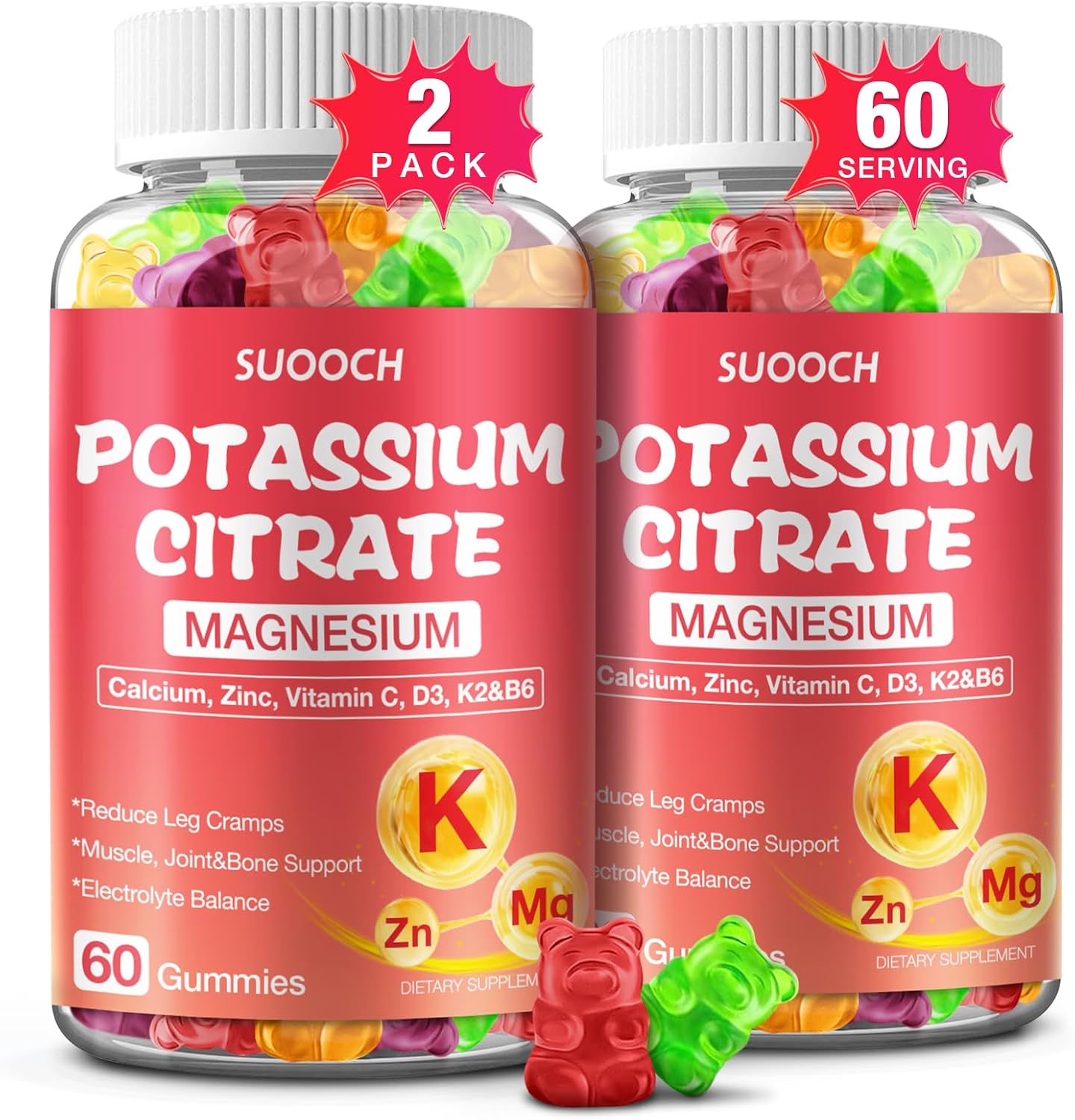 Amazon.com: SUOOCH 2 Pack Potassium Citrate Gummies 120 Count, 1200mg ...