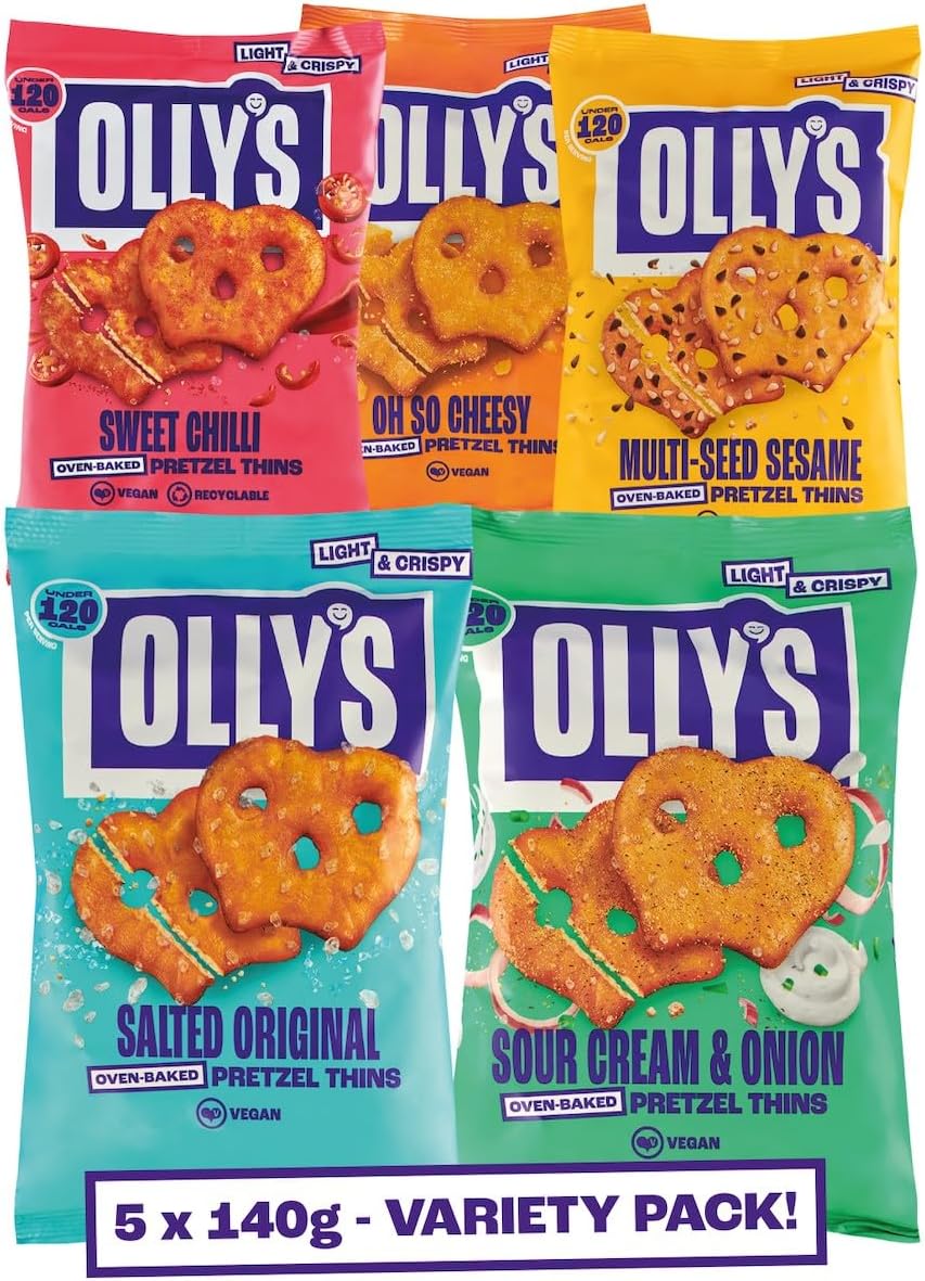Olly's Pretzel Thins, New Variety Pack, 140g (Pack of 5), x1 Salted, x1 Multi Seeded, x1 Sour ...